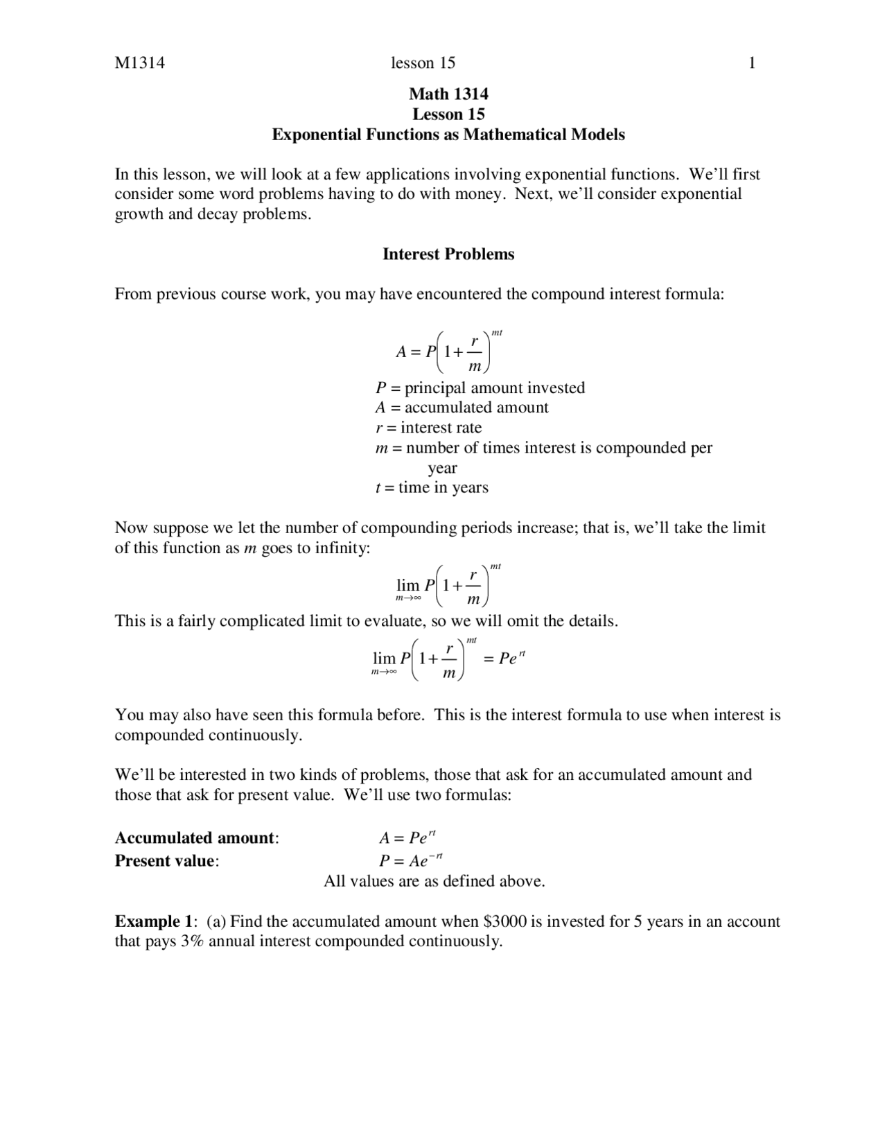 Notes On Exponential Functions As Mathematical Models Math 1314