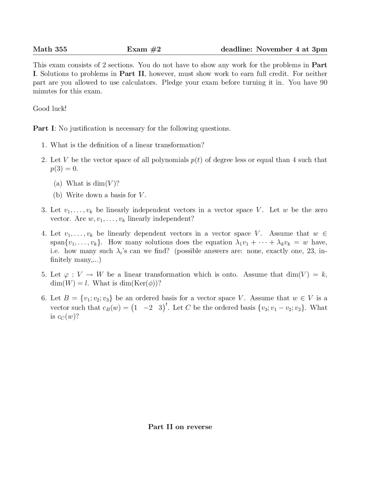 Exam 2 Practice Problems Linear Algebra Math 355 Docsity