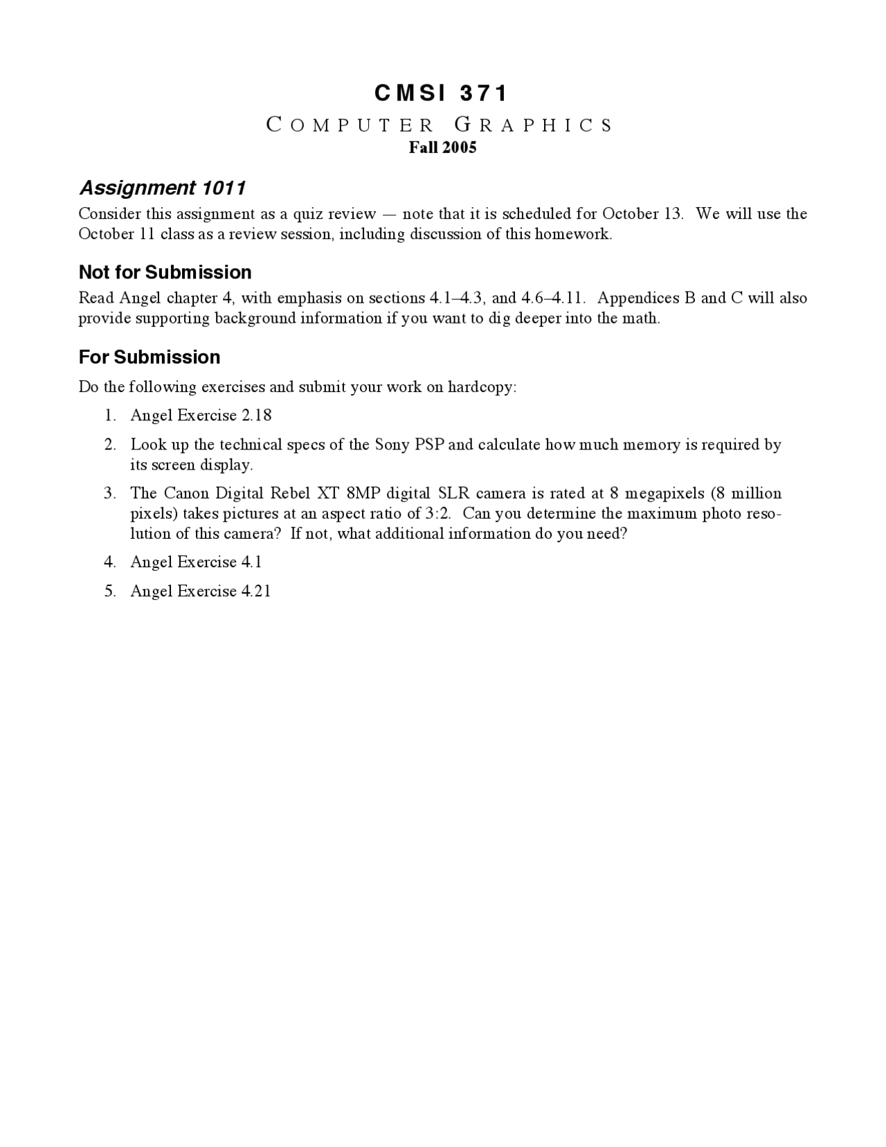 Homework Questions On Computer Graphics Cmsi 371 Docsity
