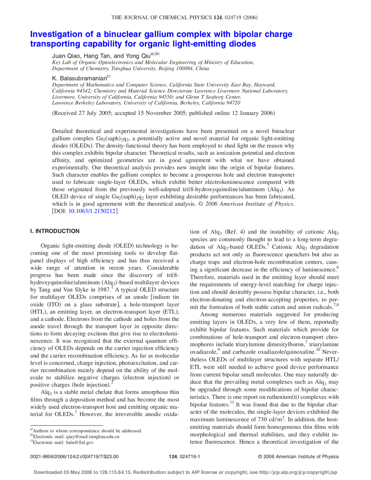 Investigation of a Binuclear Gallium Complex with Bipolar Charge Transporting Capability for ...