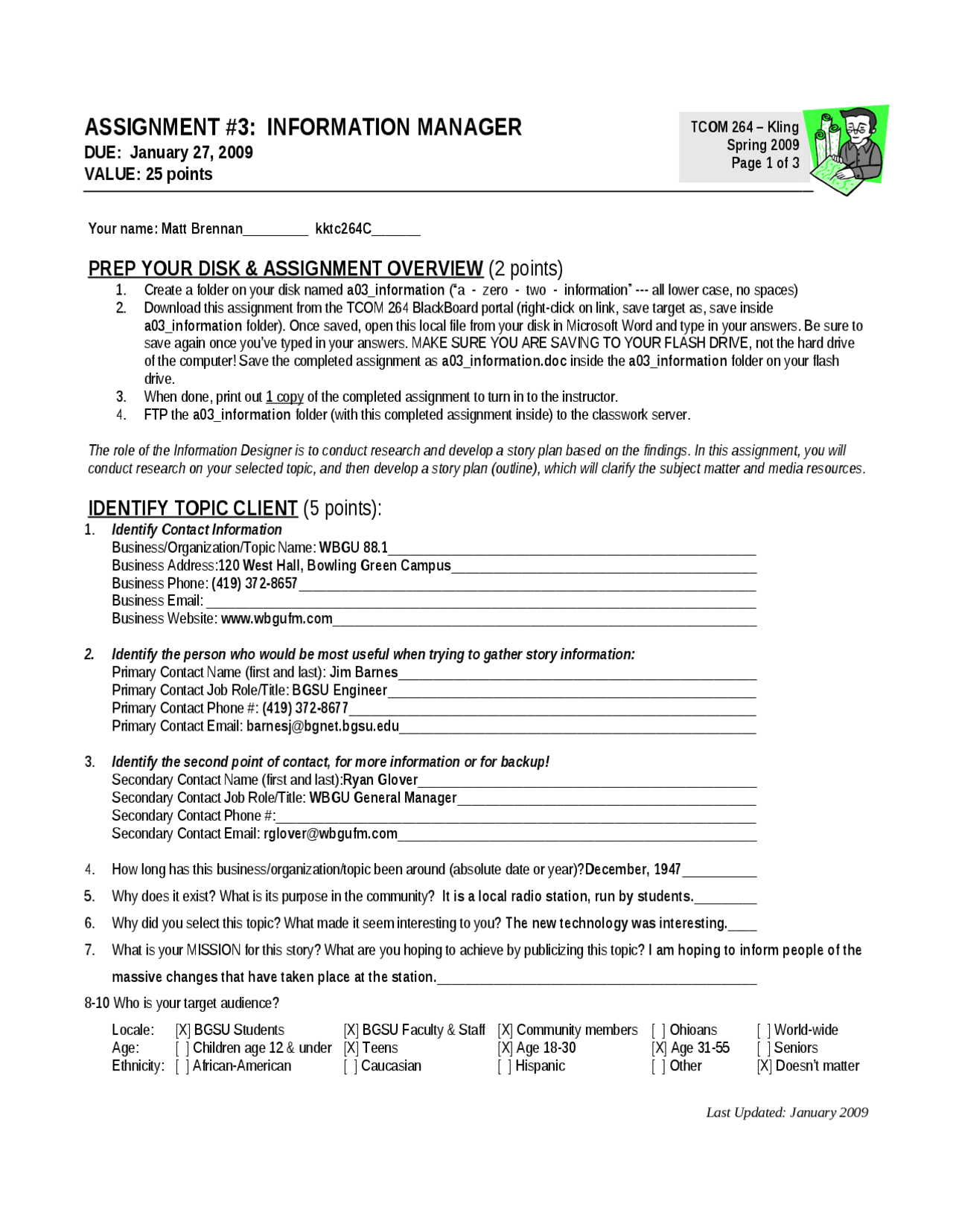 Information Manager - Assignment #3 - Spring 2009 | TCOM 264 - Docsity