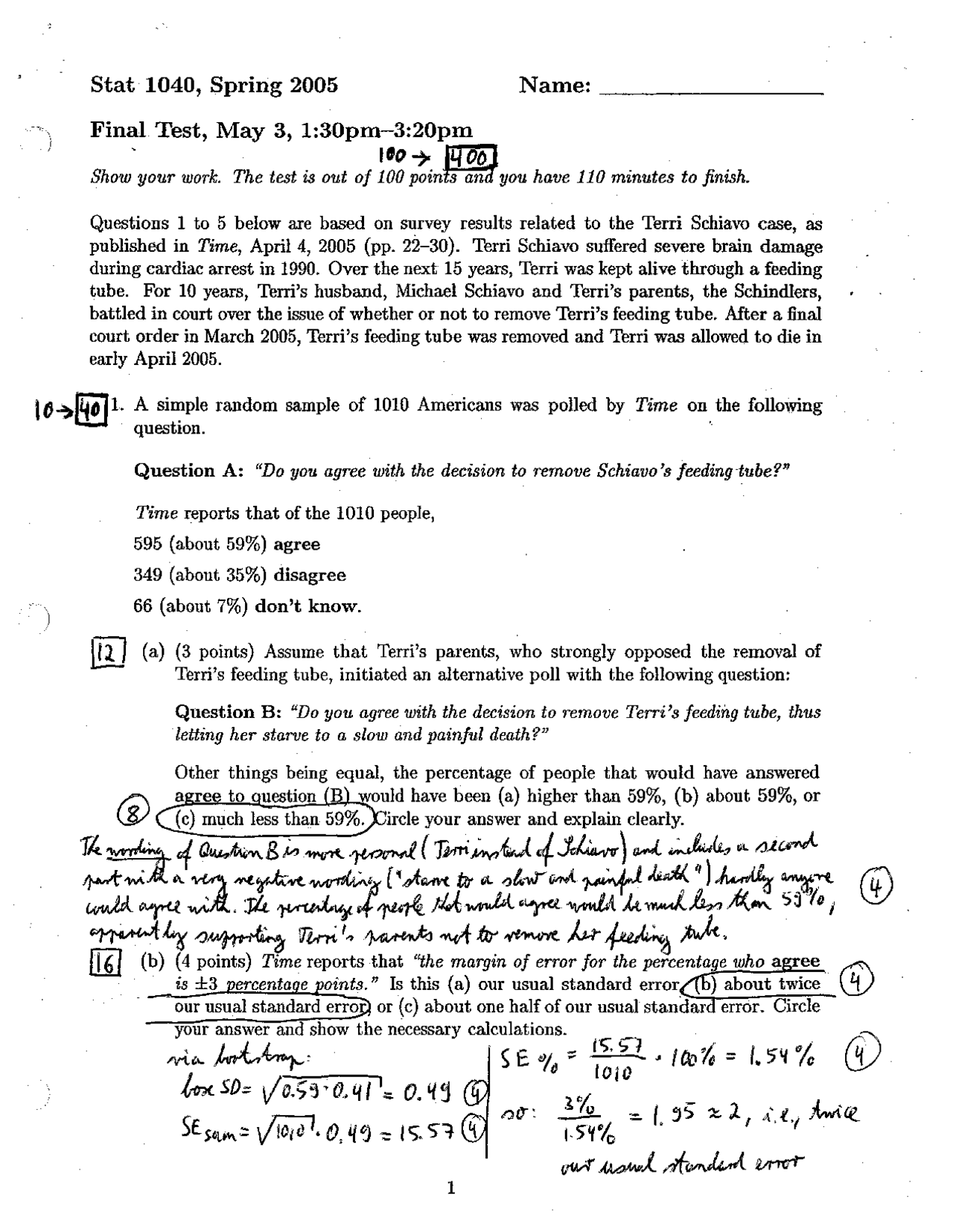 Introduction To Statistics Spring 2005 Final Exam With Answers Stat 1040 Docsity