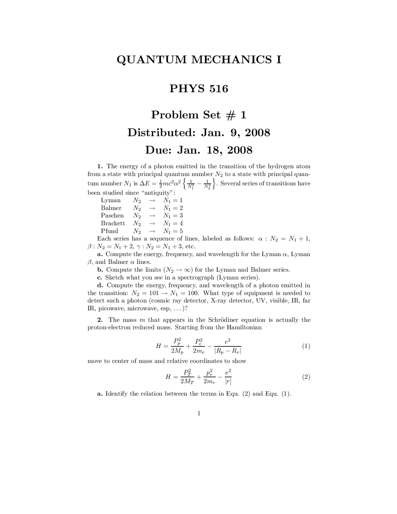 4 Questions on Quantum Mechanics I - Problem Set 1 | PHYS 516 - Docsity