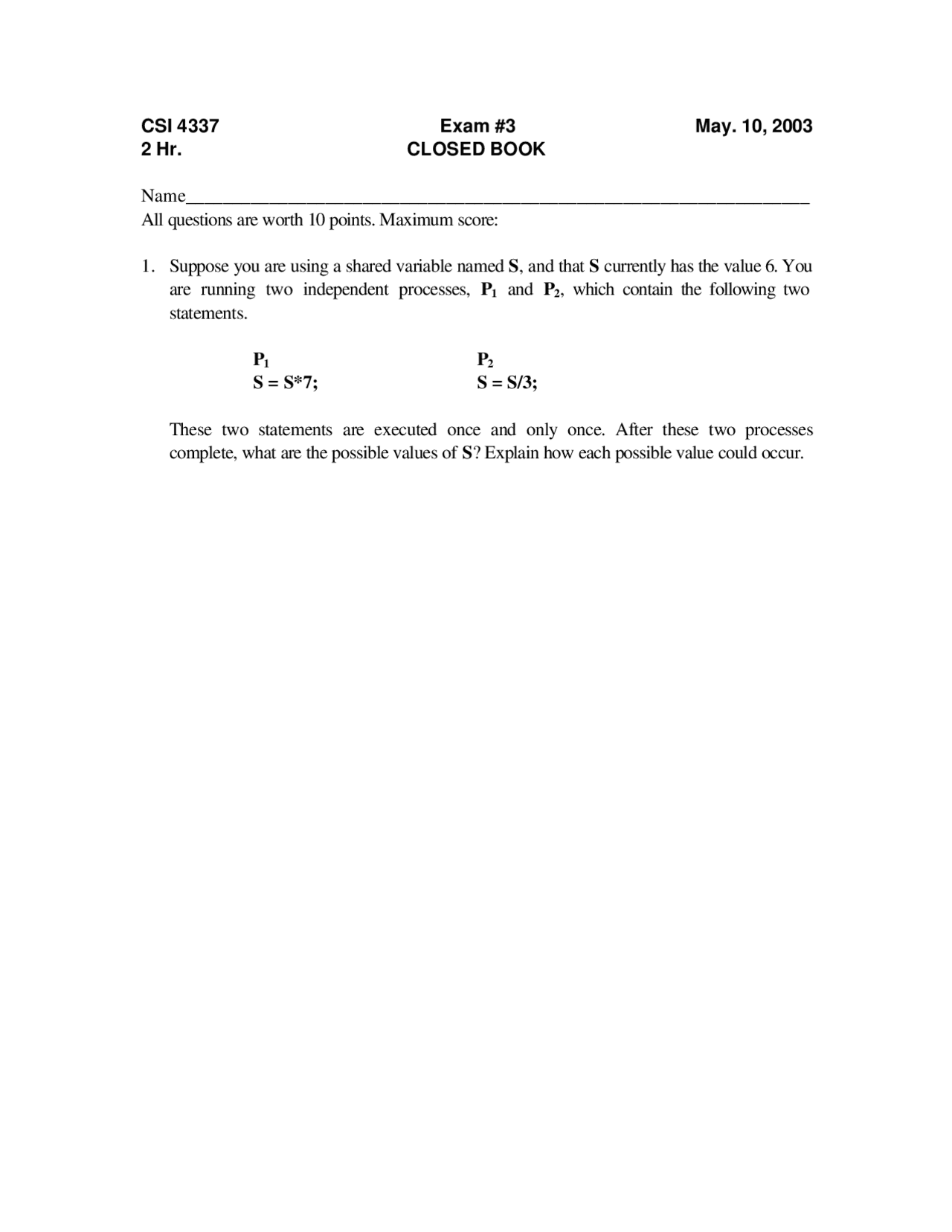 Exam 3 For Introduction To Operating Systems Csi 4337 Docsity