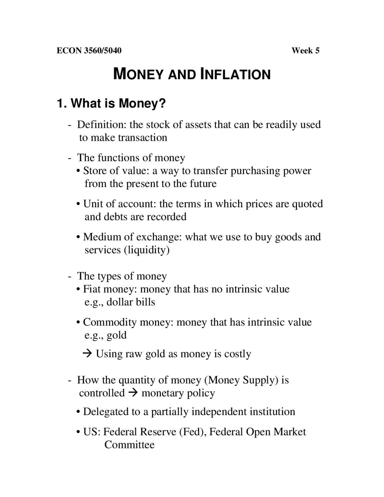 Lecture Notes on Money and Inflation | ECON 3560 | Study notes ...