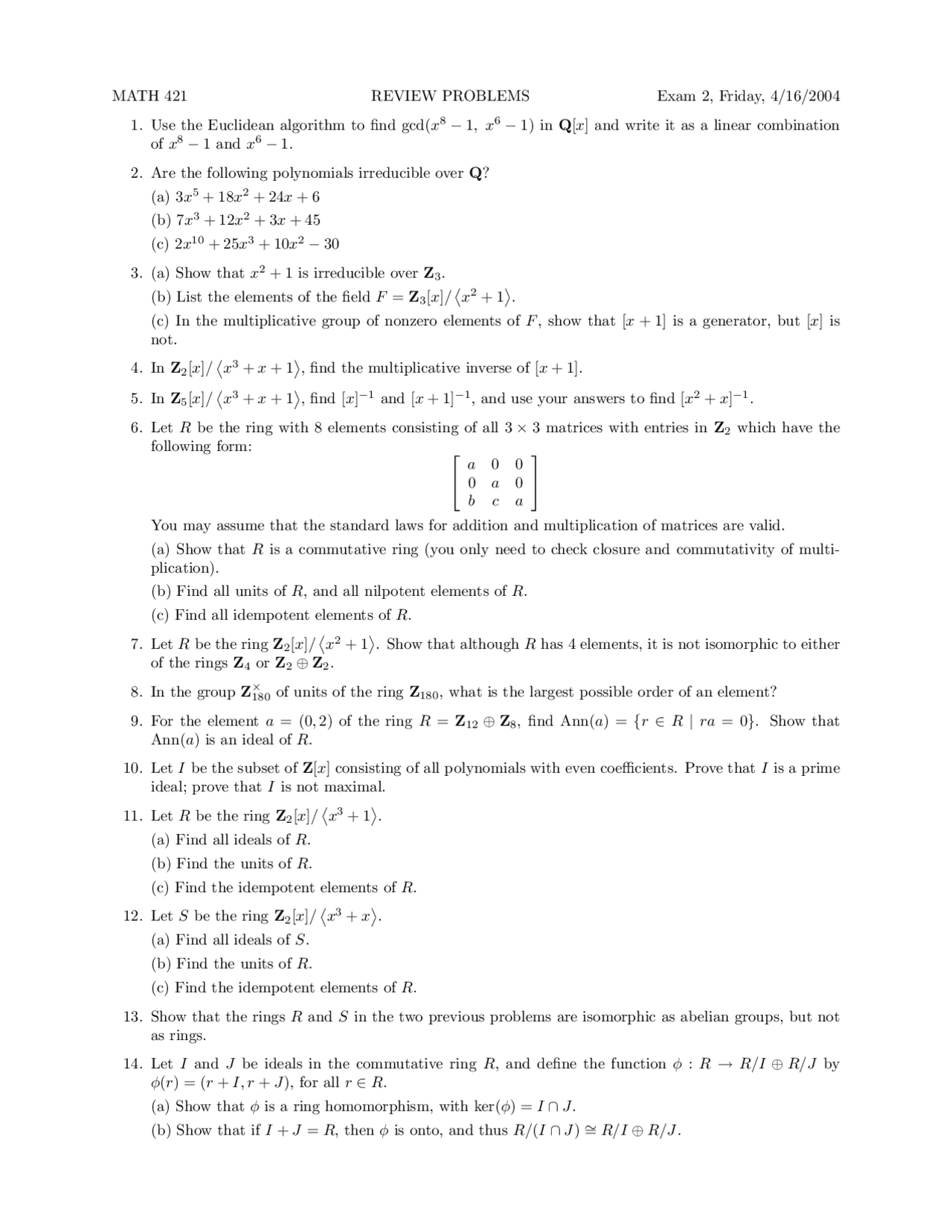 Exam II Review Problems for Algebra II | MATH 421 - Docsity