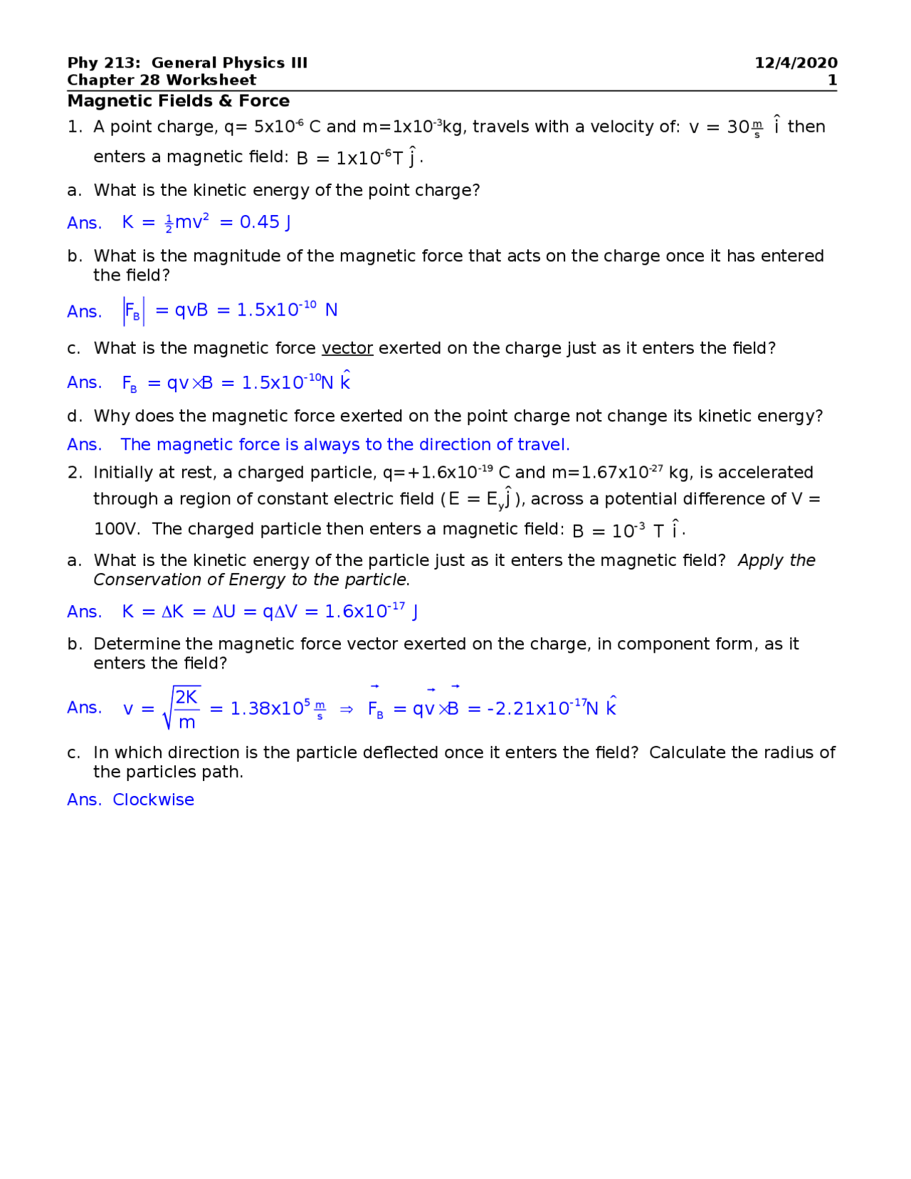 Solved Problems On Magnetic Field And Forces Homework Phy 213 Docsity
