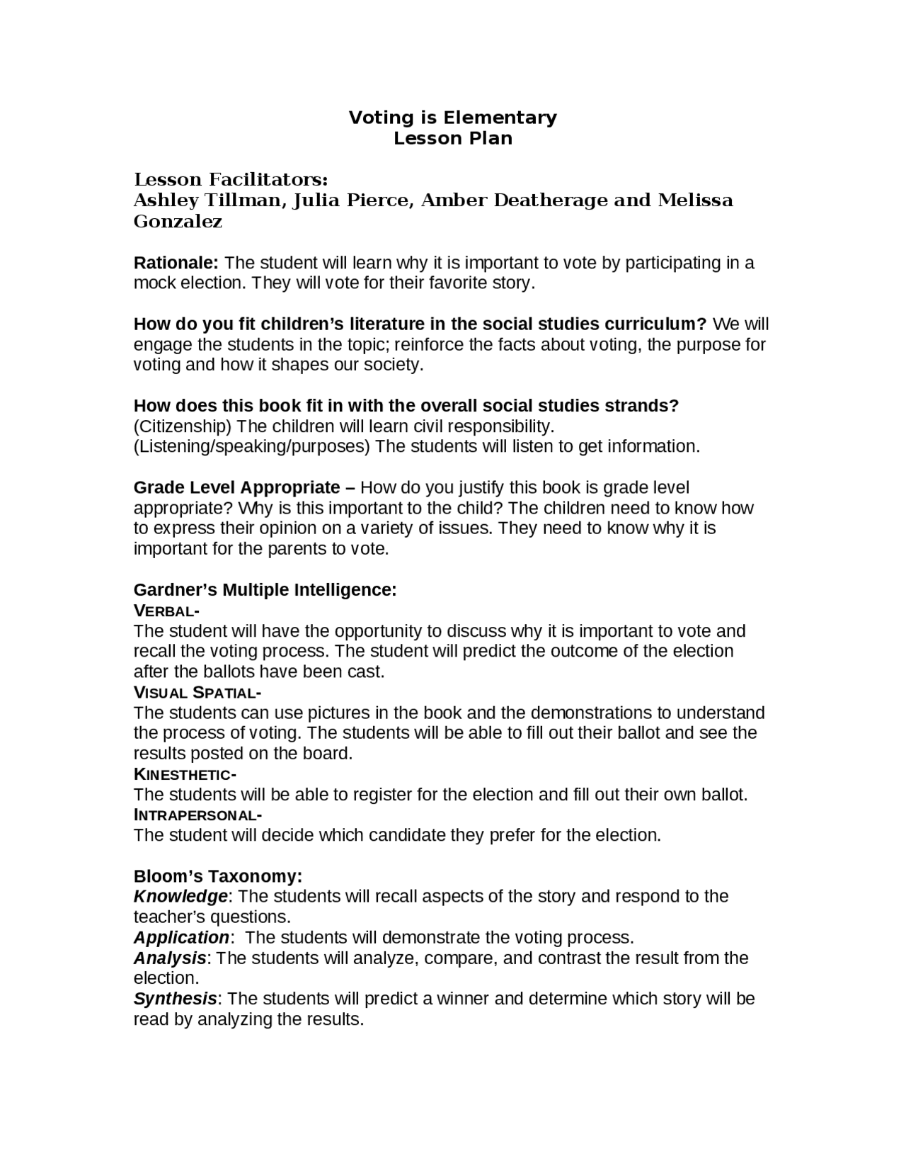 Voting is Elementary Lesson Plan for Exam | CUIN 3113 | Exams History ...
