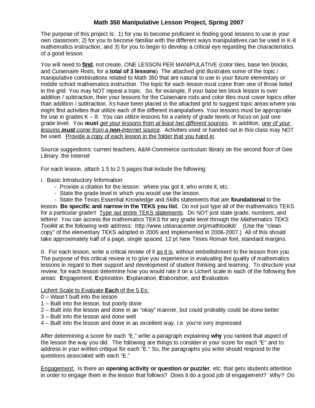 Manipulative Lesson Project - Topics in Math Elementary Teachers I ...