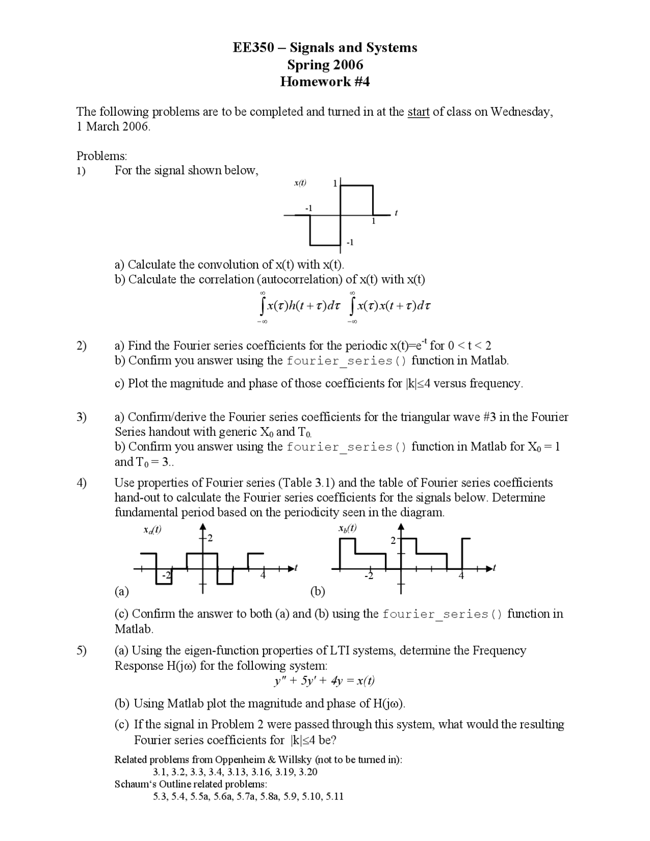 Homework 4 Sample Questions Signals And Systems Spring 2006 Ece