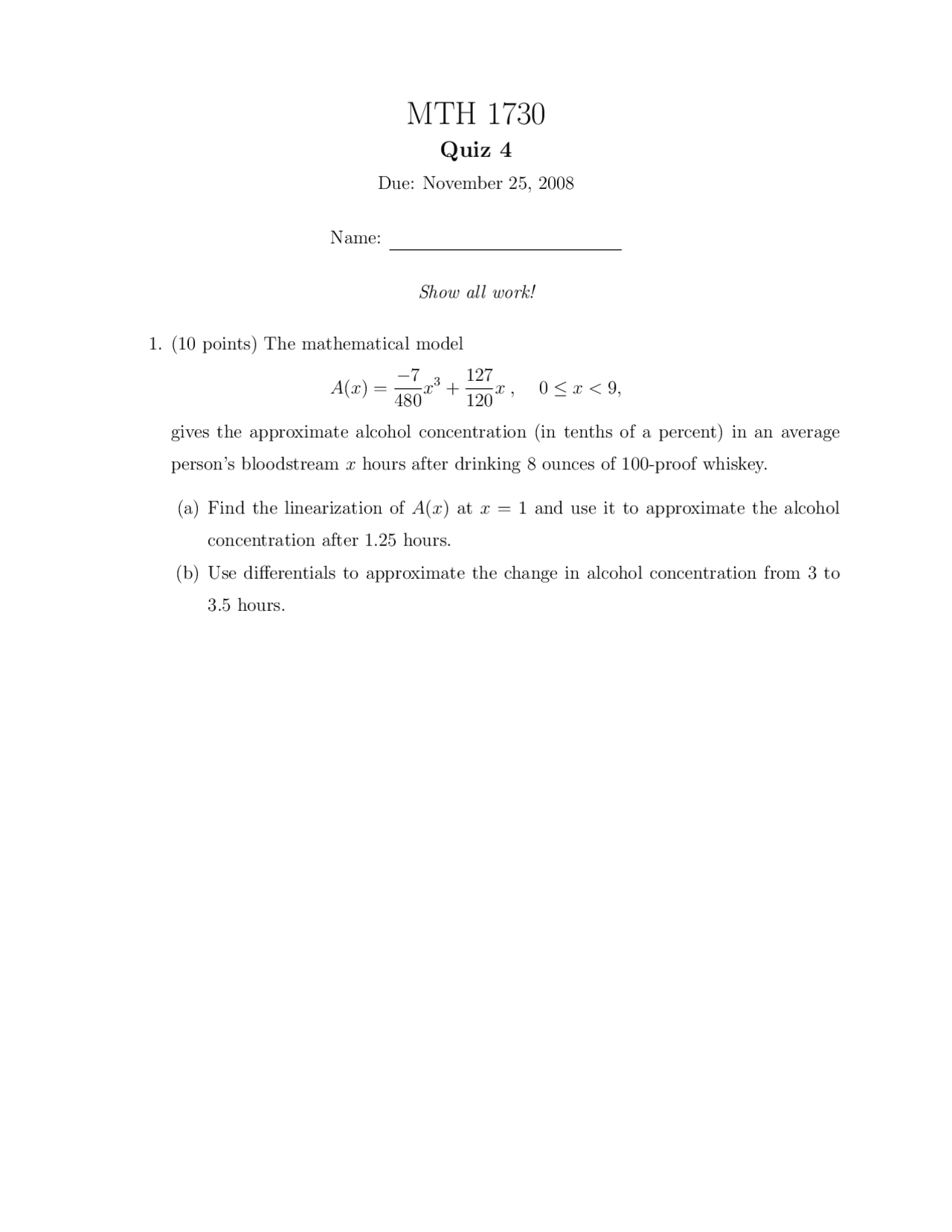 Quiz 4 For University Calculus I Mth 1730 Docsity