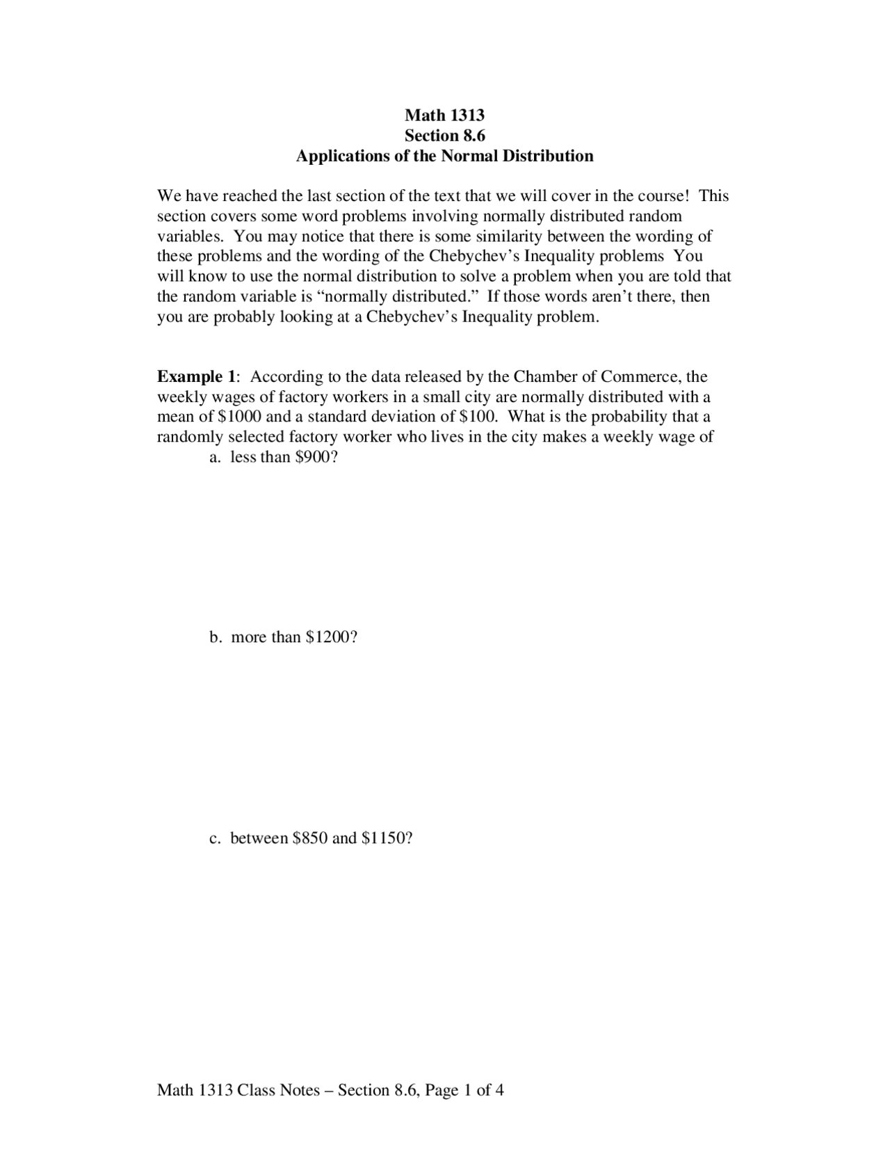 Application Of The Normal Distributions Lecture Notes Math 1313