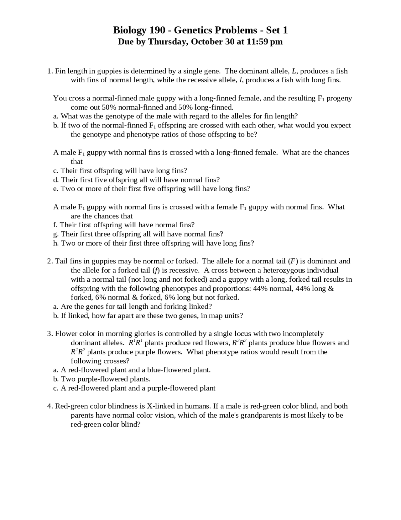 Problem Set 1 Geneticsecologyevolution Biol 190 Docsity