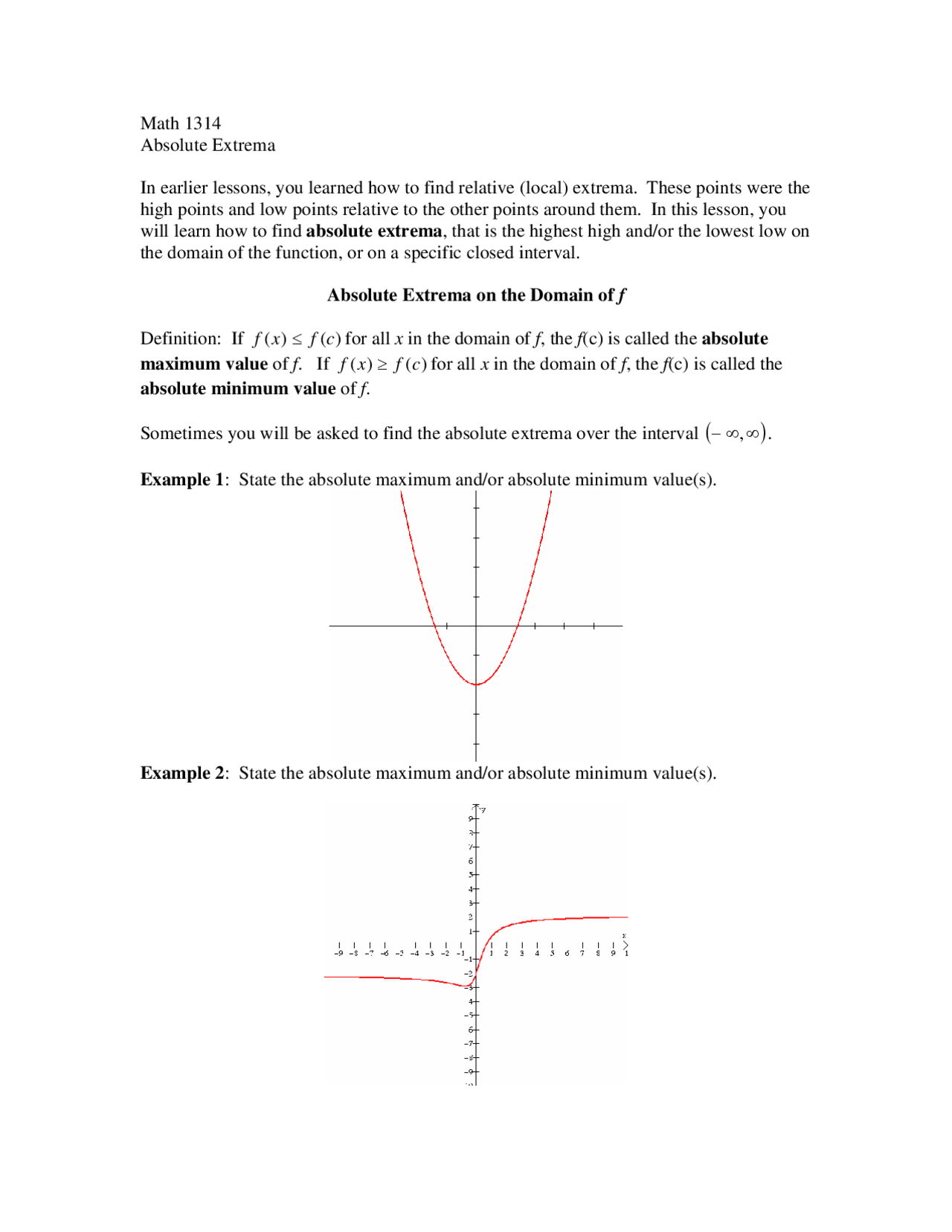 Absolute Extrema - Practice Questions for Exam | MATH 1314 - Docsity