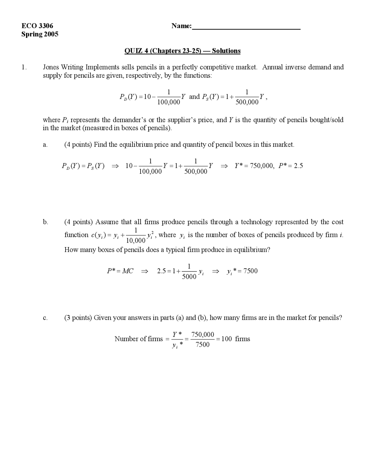 Quiz 4 With Solution Intermediate Microeconomic Analysis Eco 3306