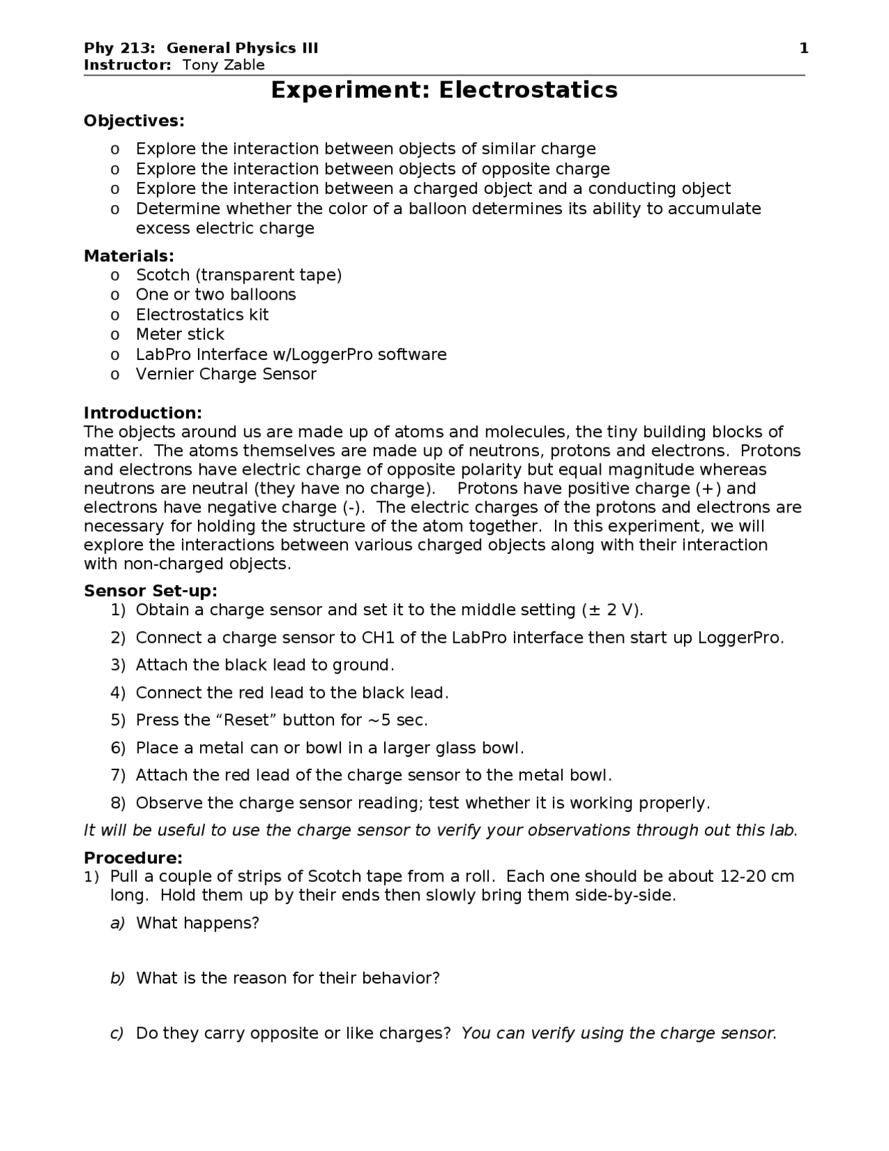 An Introduction To The Electrostatics Experiment Phy 213 Docsity