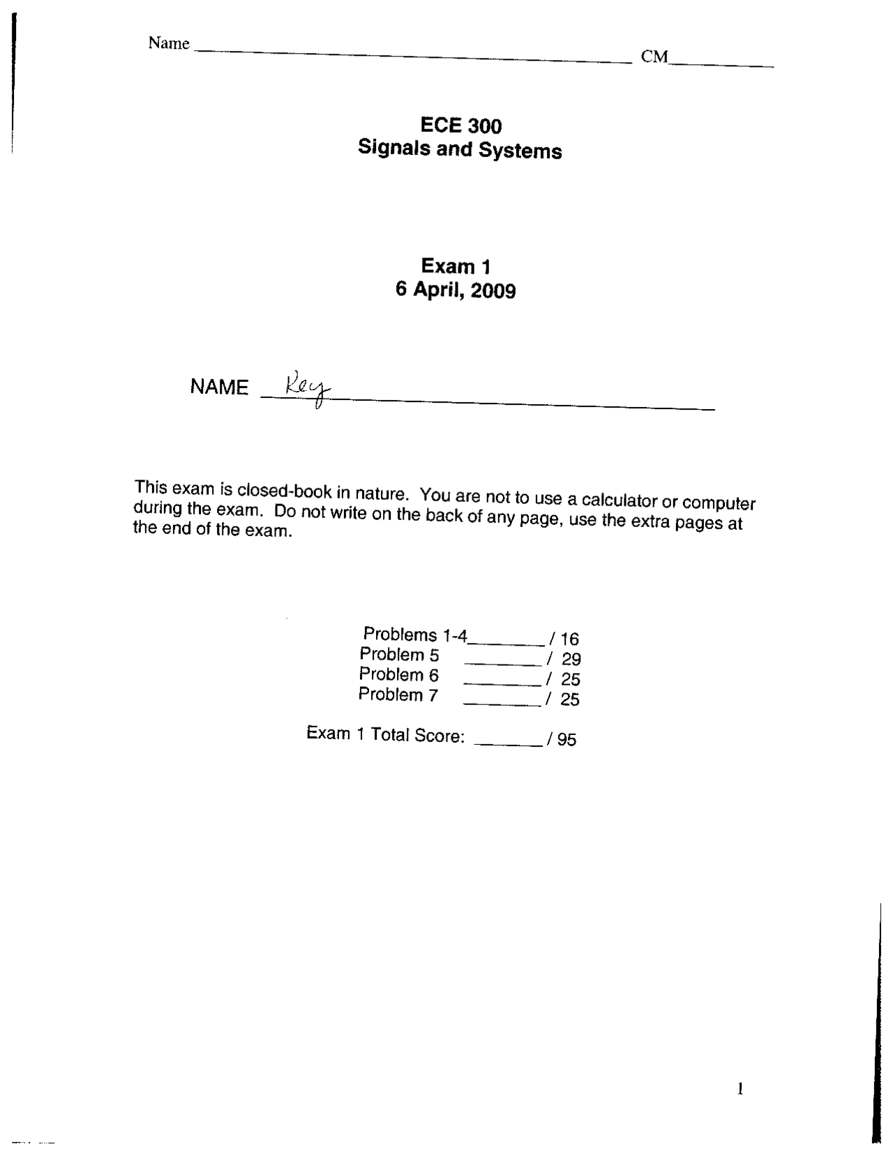 Exam 1 Answer Key Continuous Time Signals And Systems Ece 300 Docsity