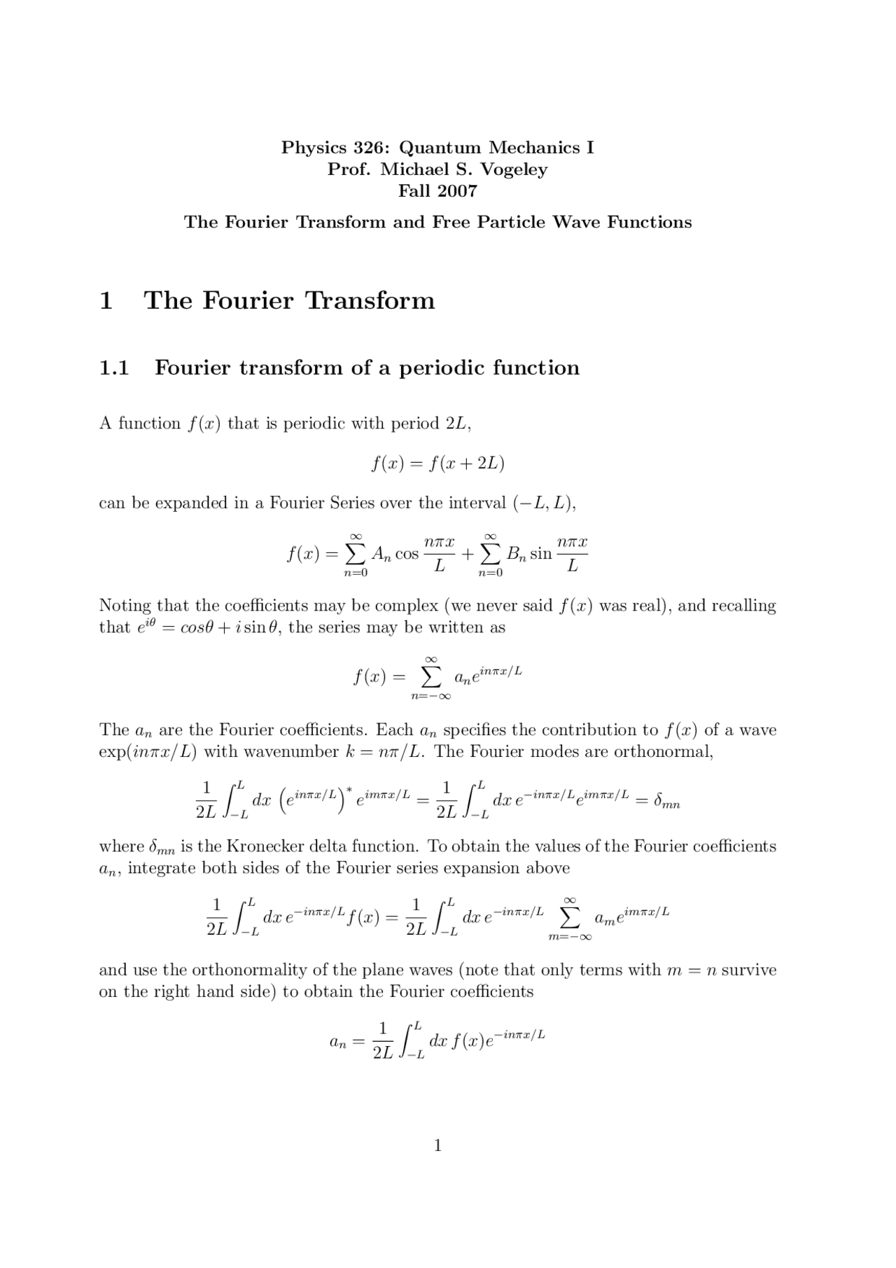 Fourier Transform And Free Particles Wave Functions Phys 326 Docsity