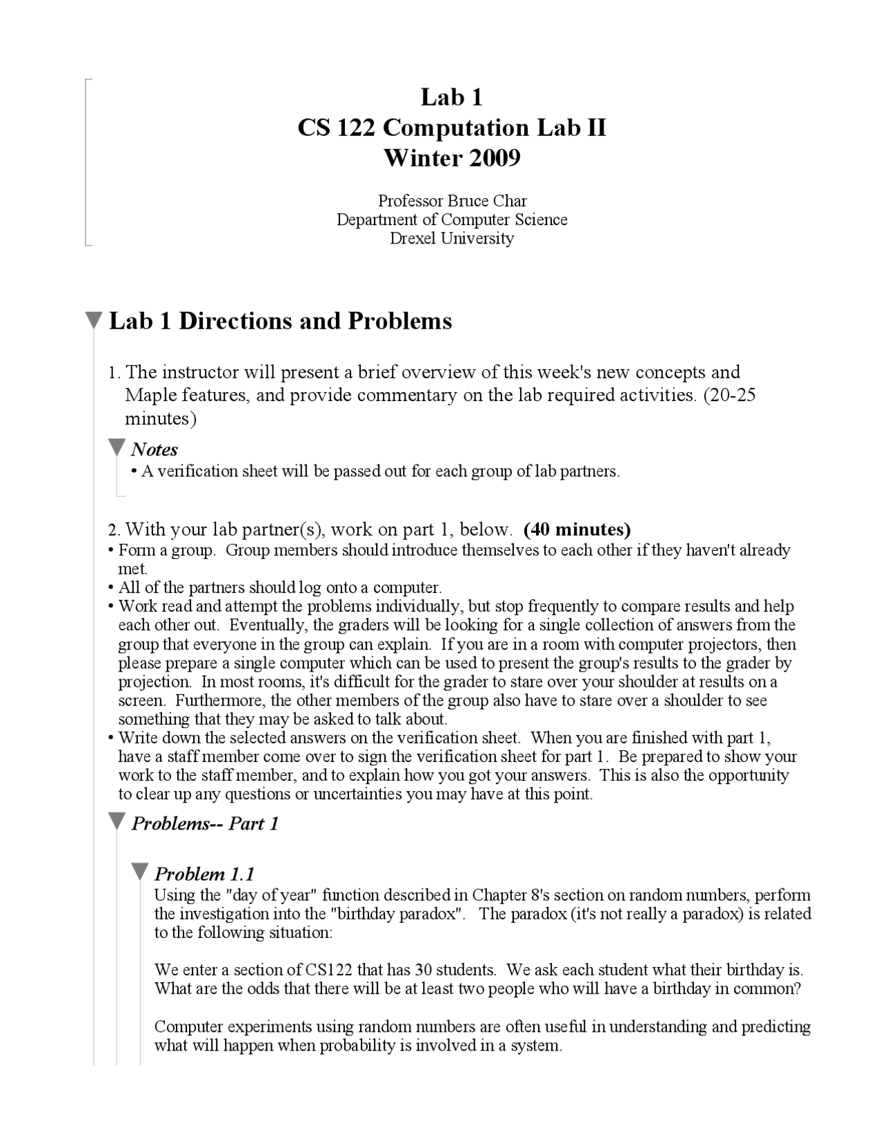 Lab 1 Directions And Problems Computation Laboratory Ii Cs 122