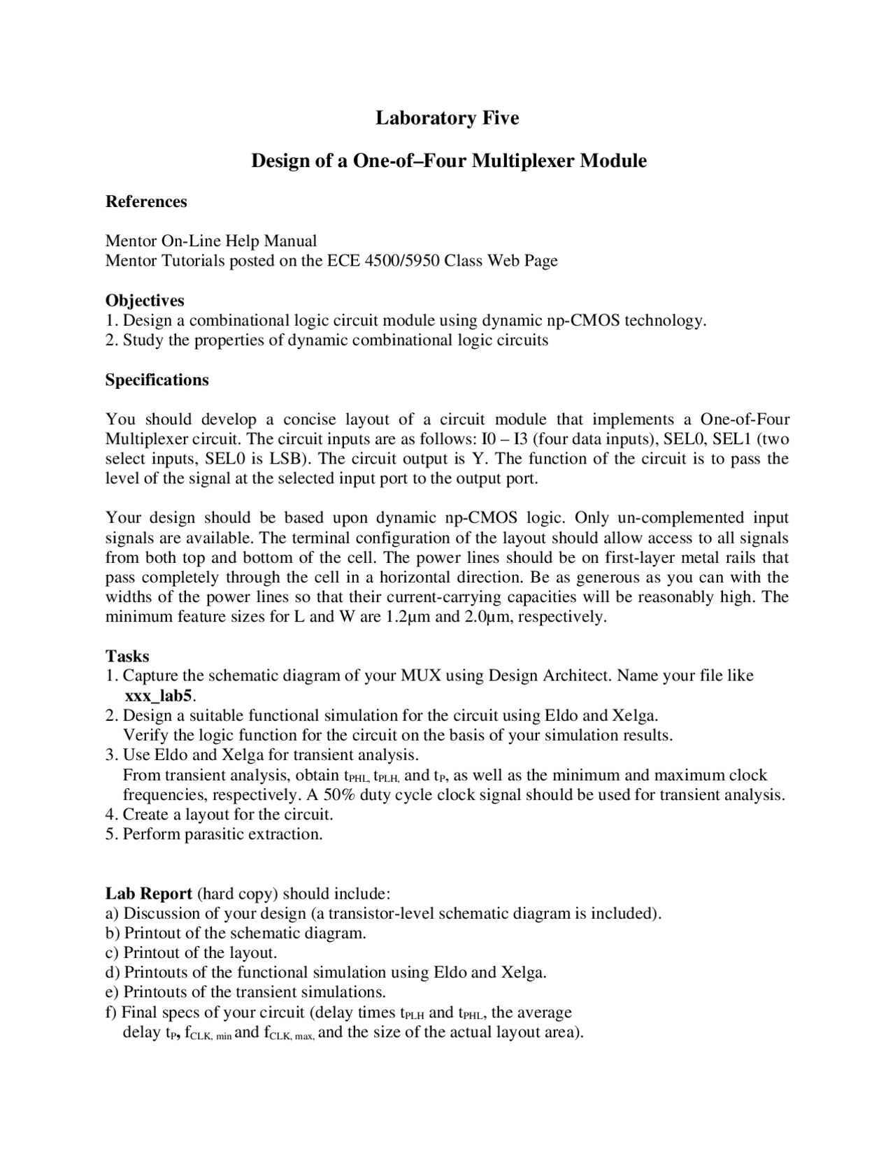 Lab 5 For Design Of A One Of Four Multiplexer Module Ece 4500 Docsity