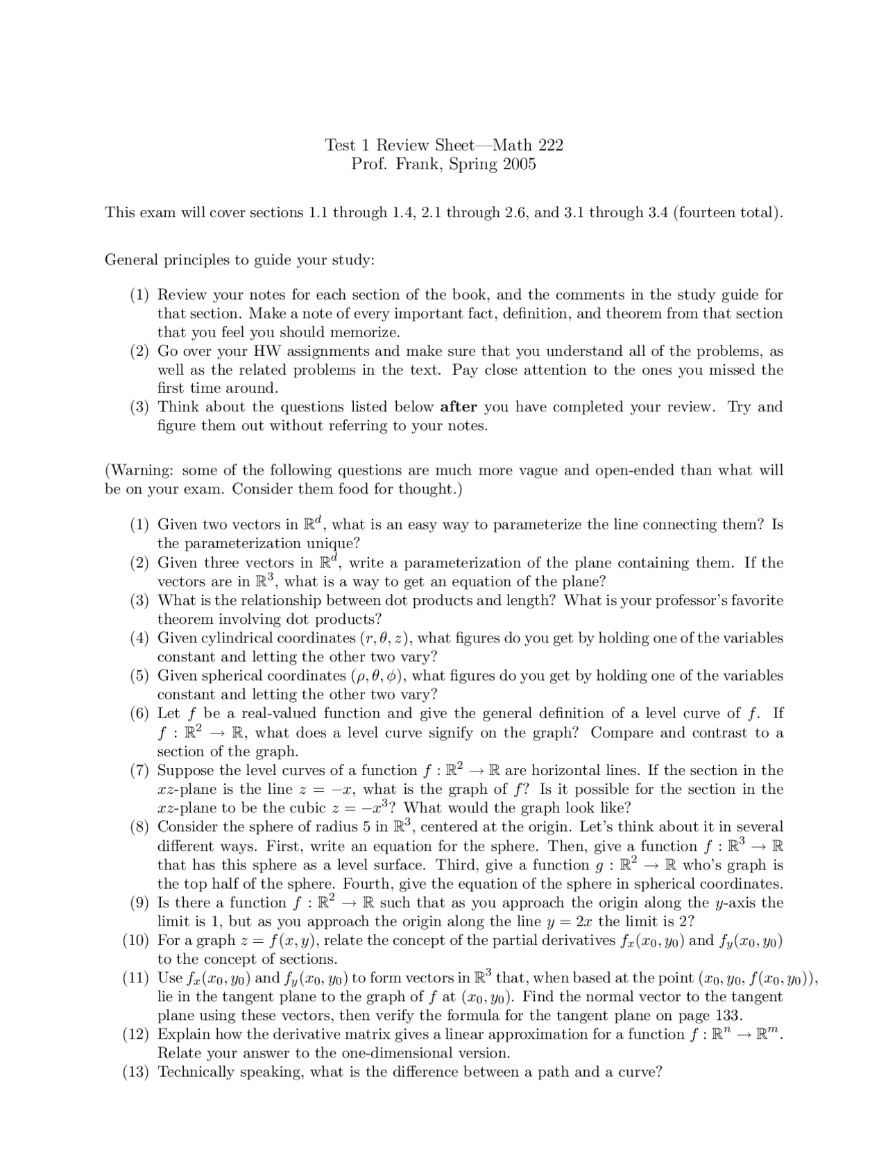 Multivariable Calculus Test 1 Review Sheet Math 222 Docsity