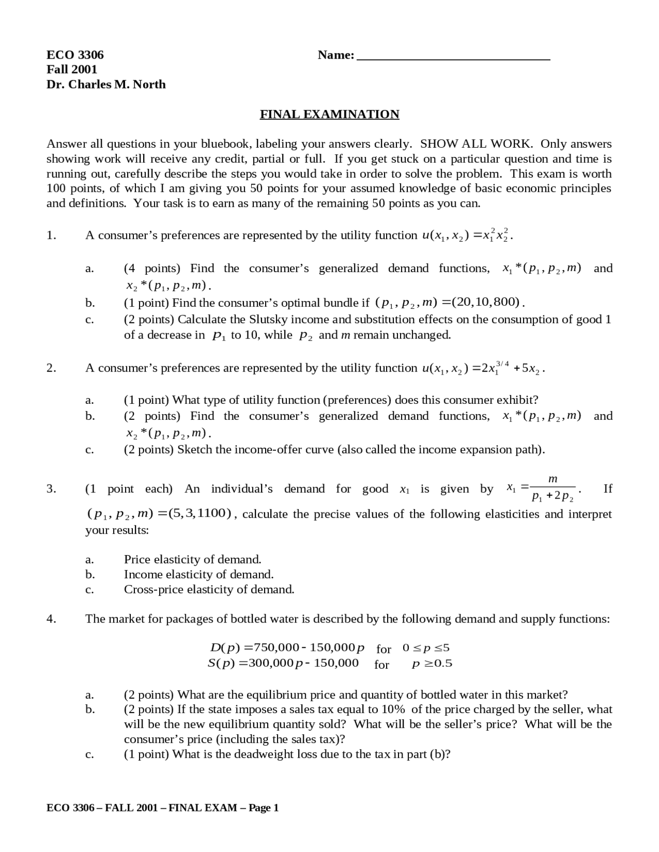 9 Practice Questions Final Exam Intermediate Microeconomic Analysis