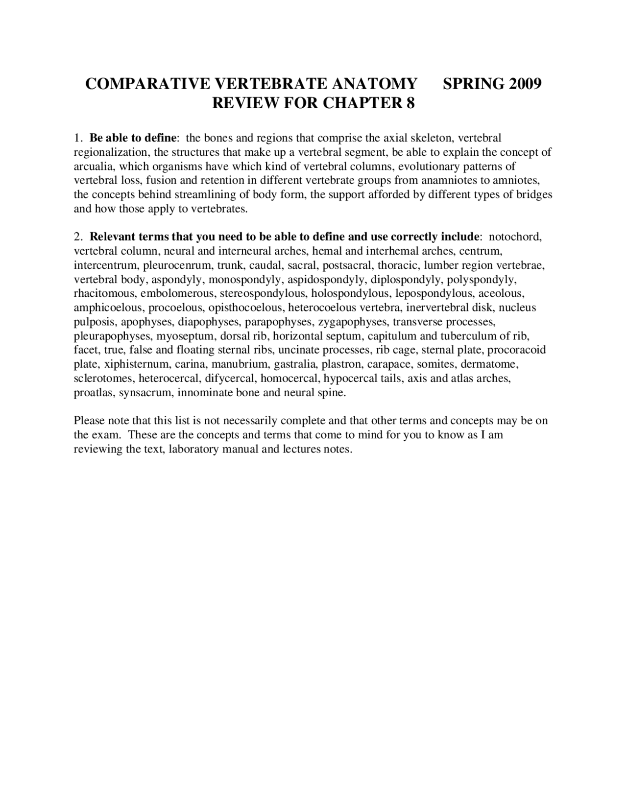 Comparative Vertebrate Anatomy Review Notes Bios 447 Docsity