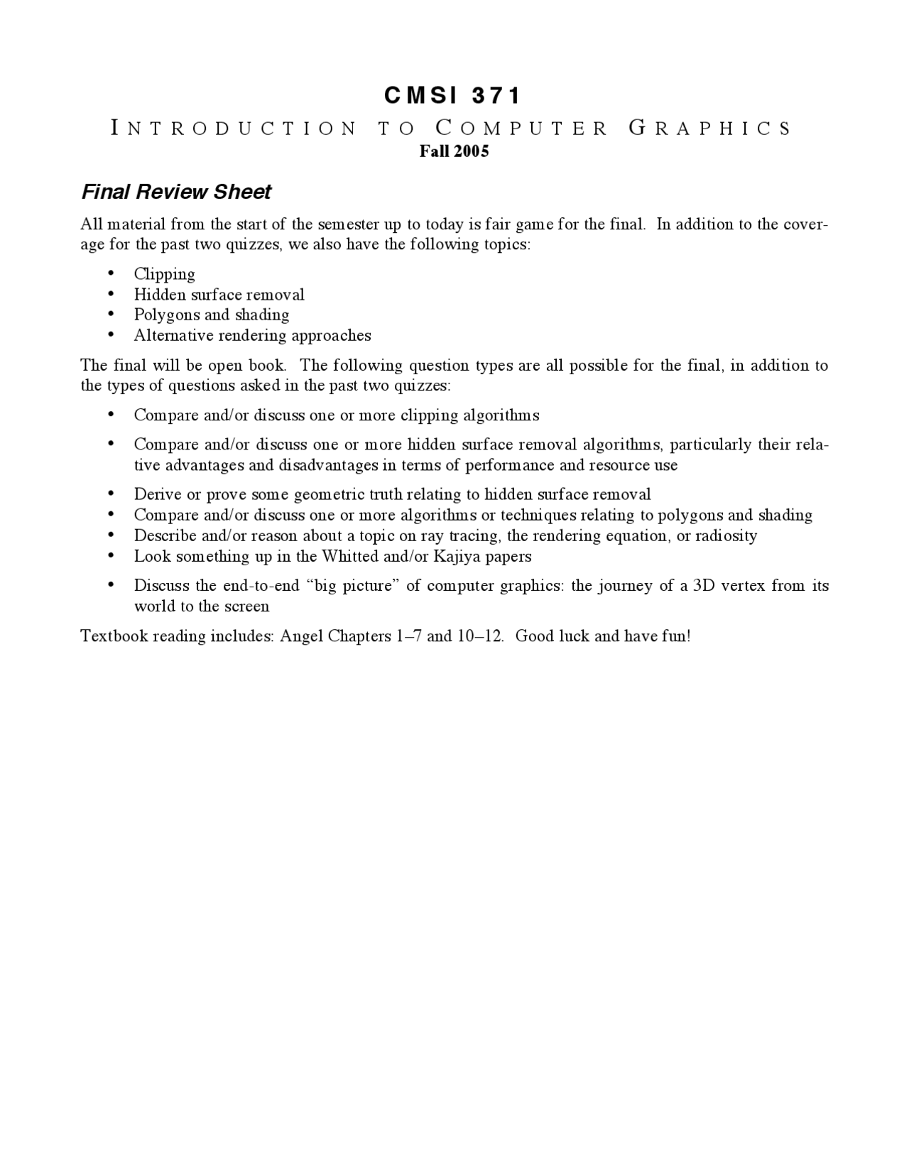 Final Exam Review Sheet Computer Graphics Cmsi 371 Docsity