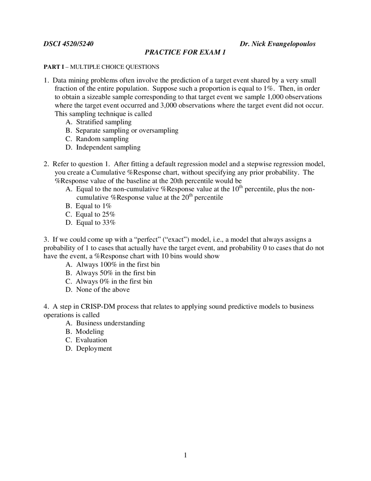 Practice for Exam 1 - Data Based Decision Support Systems | DSCI 4520 - Docsity