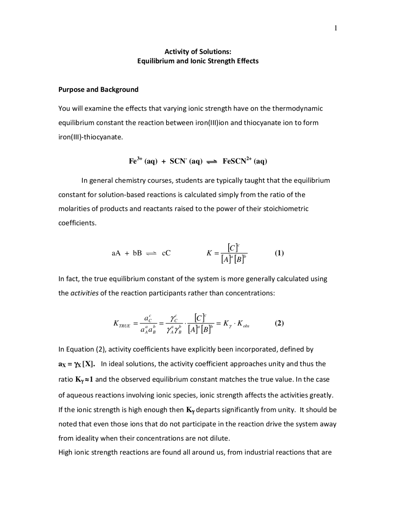 Activity Of Solutions Equilibrium And Ionic Strength Effects Chl 212