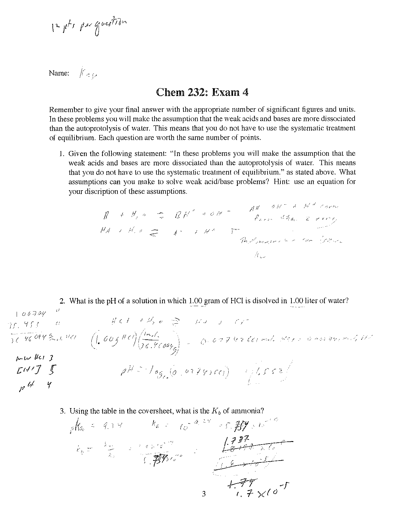 Answers To Old Exam 4 Quantitative Analysis Chem 232 Docsity