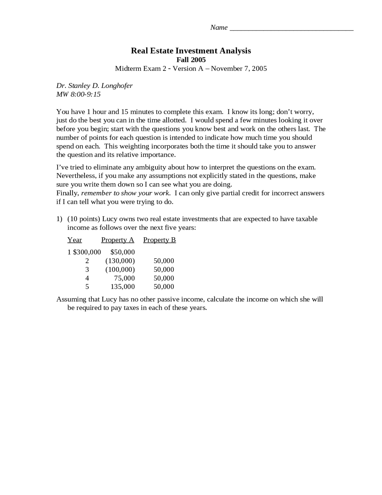 Real Estate Investment Analysis Old Midterm Exam Re 618 Docsity