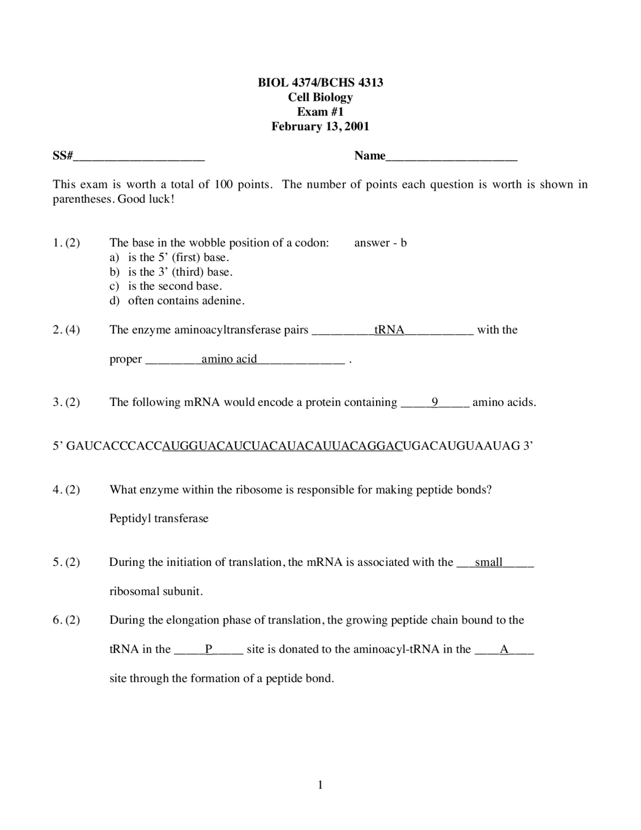 Cell Biology Exam 1 With Answer Key Biol 4374 Docsity