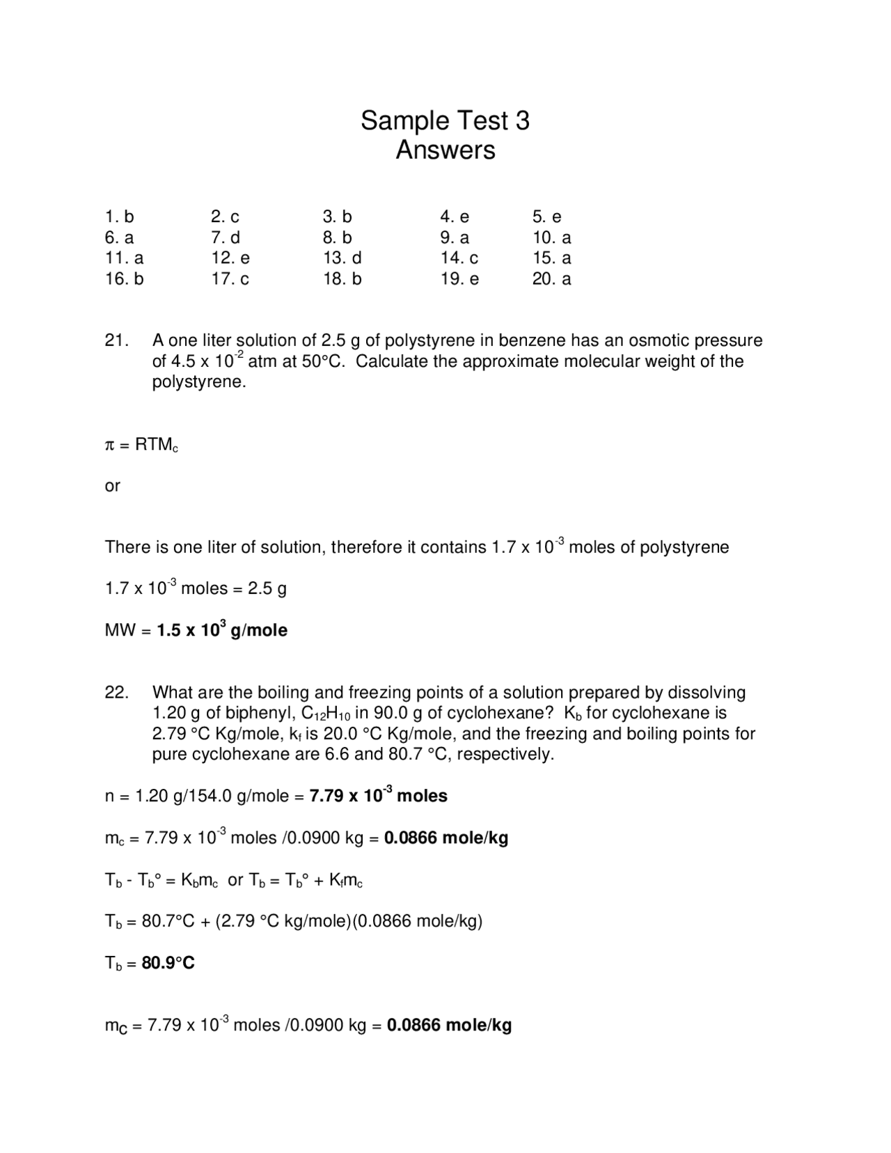 Sample Test 3 Answers For General Chemistry 2 Chm 122 Docsity