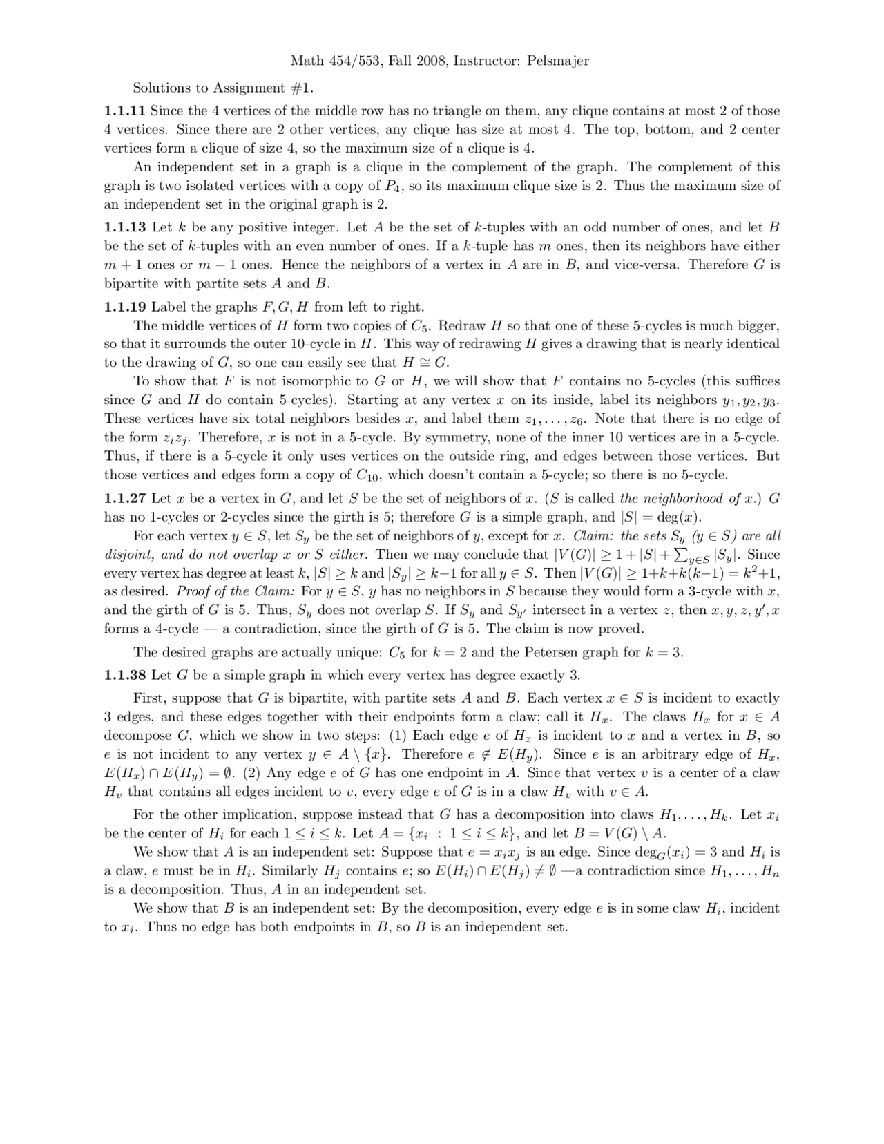 Solutions To Assignment 1 Graph Theory And Applications Math 454
