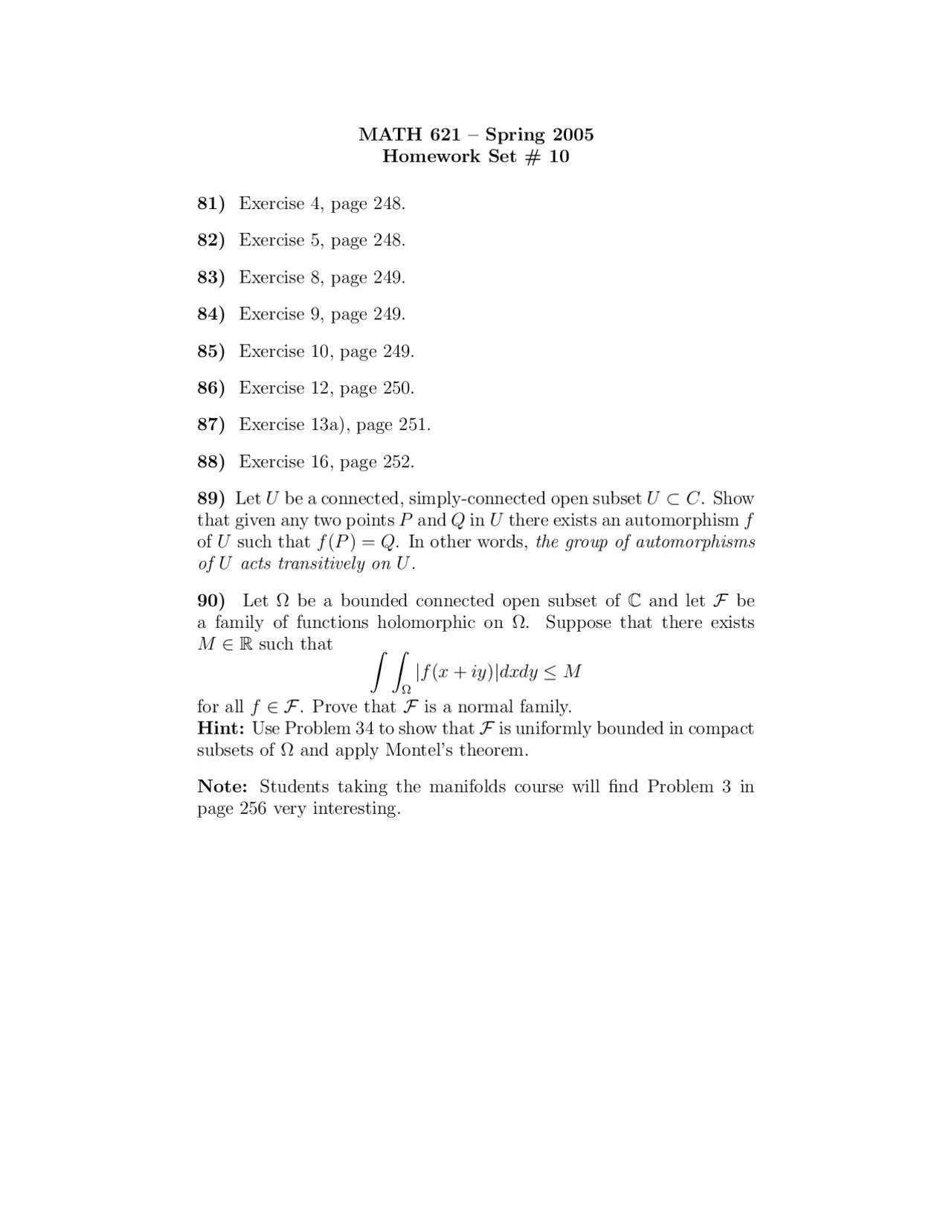 Homework Set 10 Questions Complex Analysis Math 621 Docsity