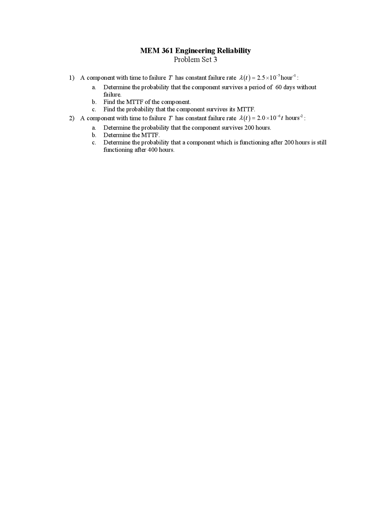 Problem Set 3 Engineering Reliability Mem 361 Docsity