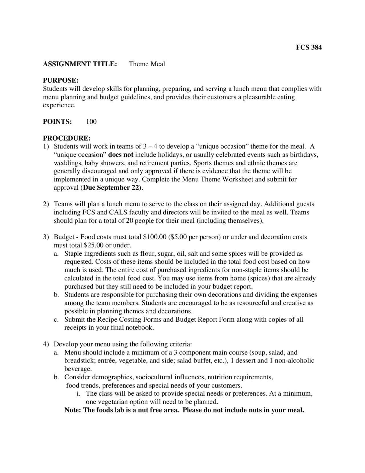 Sample Questions For Assignment Theme Meal Fcs 384 Docsity