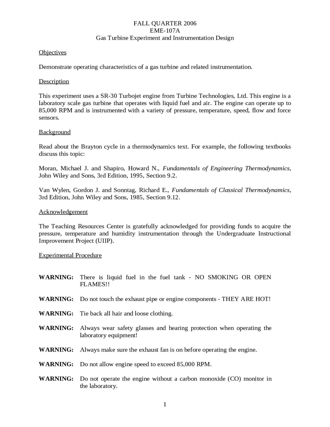 Gas Turbine Experiment Instrumentation Design Experimental Methods