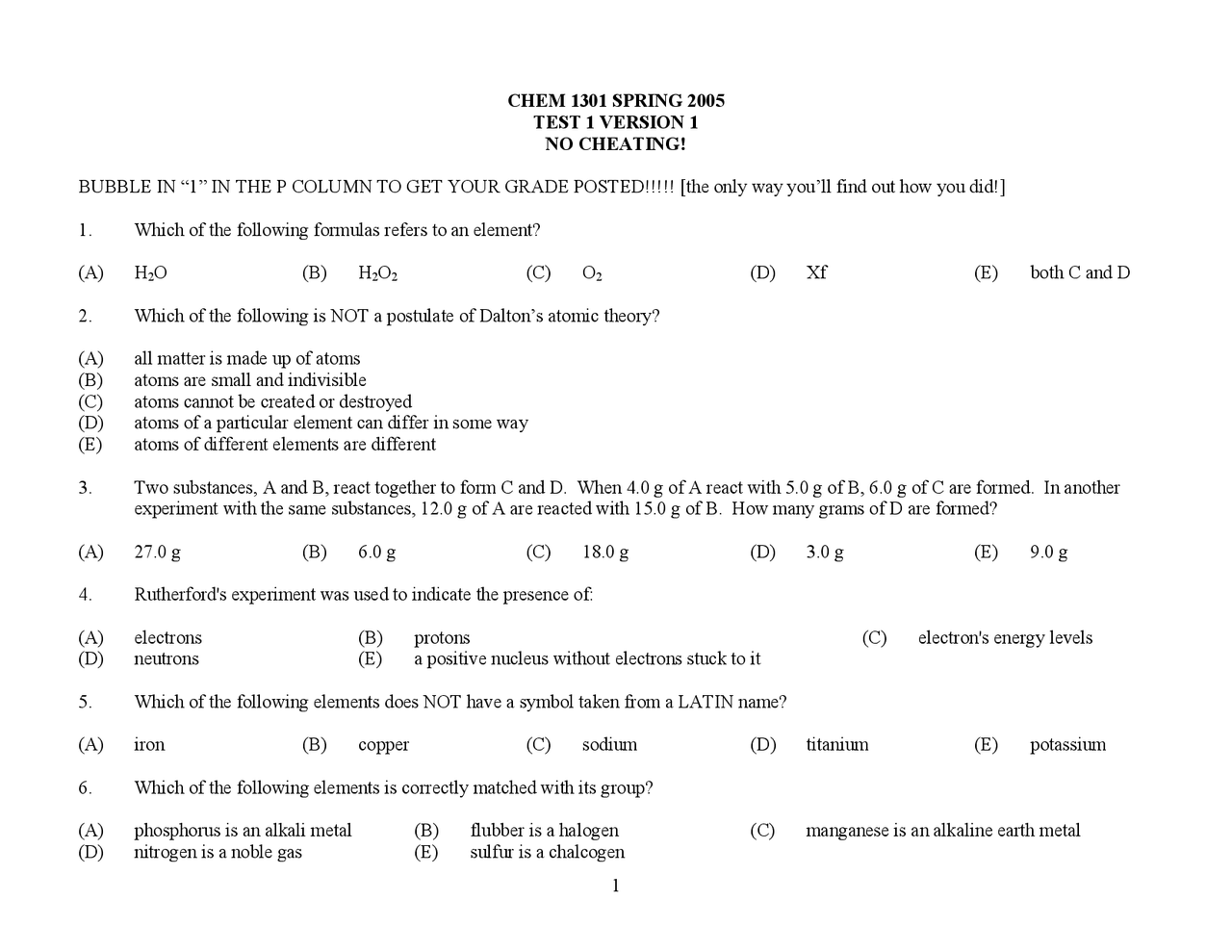 Exam 1 Foundations Of Chemistry Spring 2005 Chem 1301 Docsity
