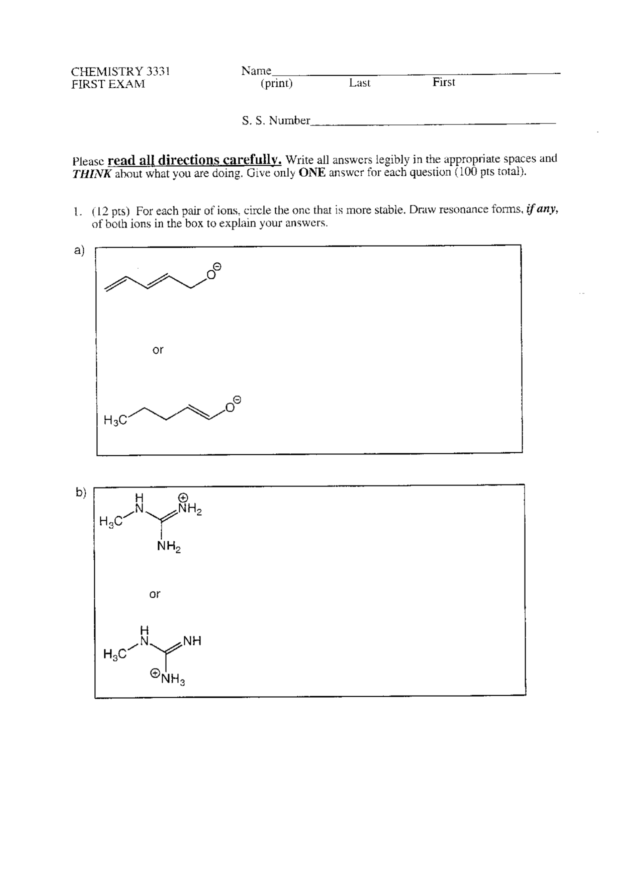 Practice Exam 1 Fundamental Of Organic Chemistry I Chem 3331