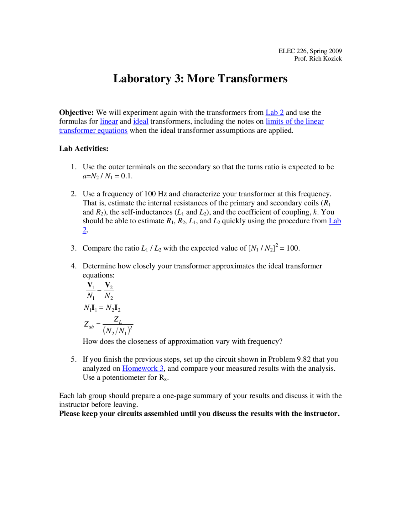 Laboratory 3: More Transformers - Spring 2009 | ELEC 226 - Docsity