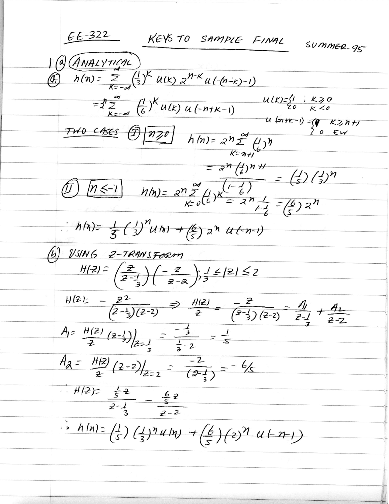 Key To Sample Final Exam Linear Systems Ii Ee 322 Docsity
