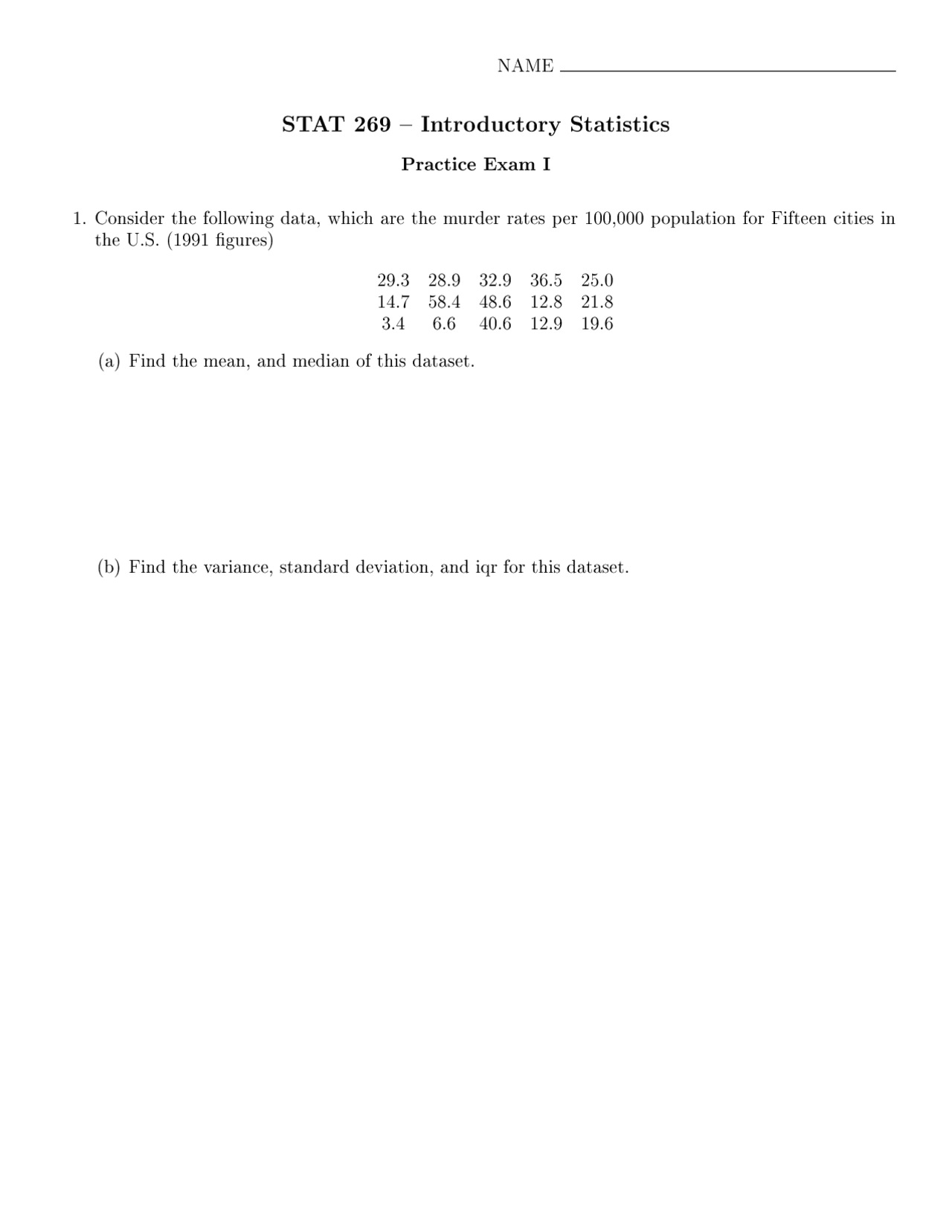 Practice Exam 1 Problems Introductory Statistics Stat 269 Docsity