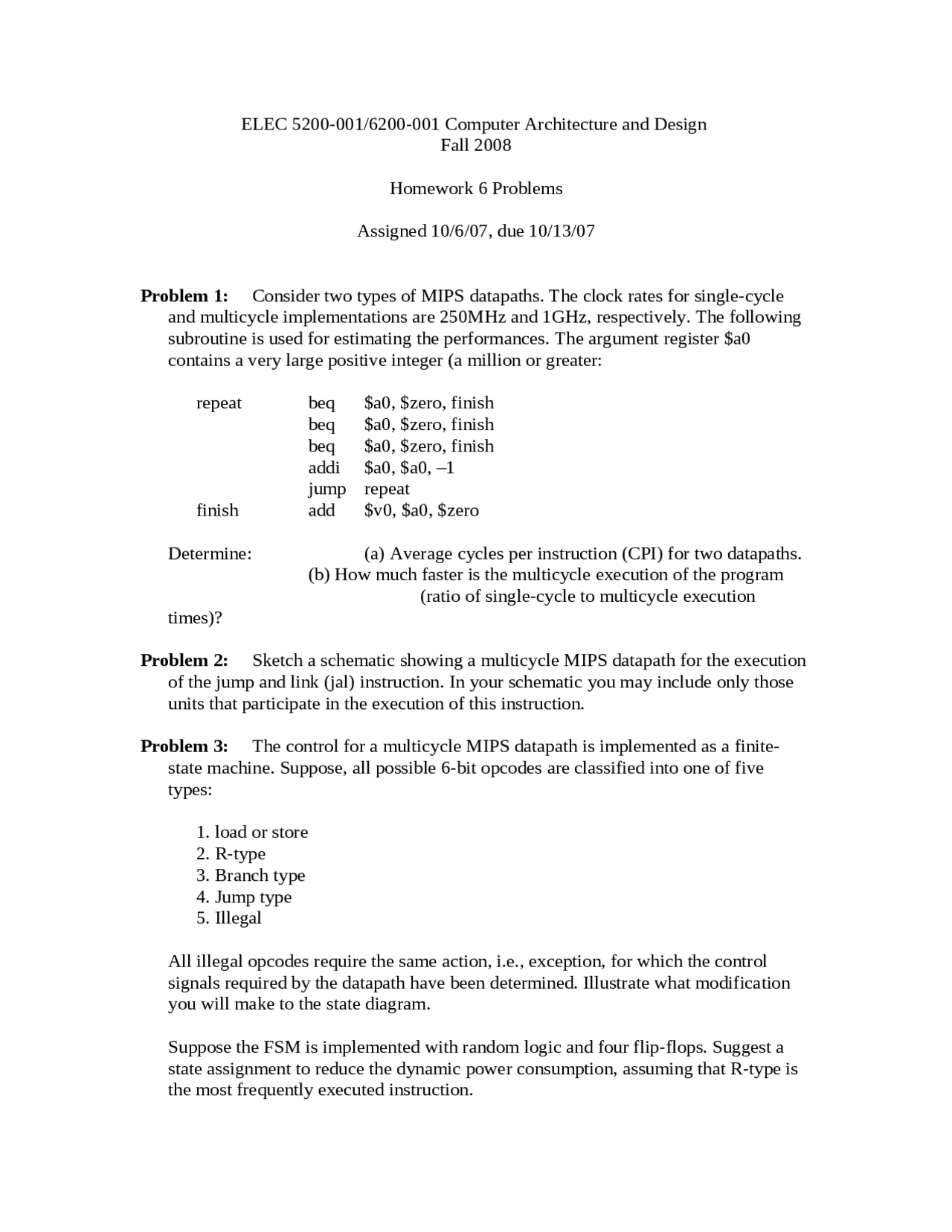 3 Problems On Computer Architecture And Design Practice Assignment 6 Elec 5200 Docsity