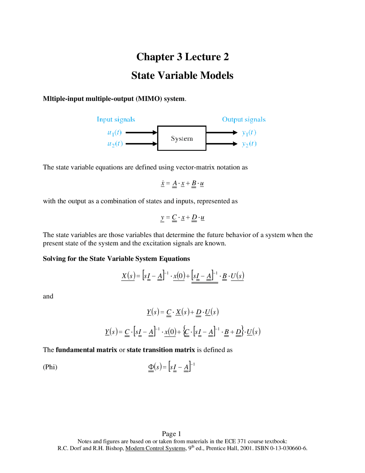 State Variable Models - Feedback Systems | ECE 4700 - Docsity