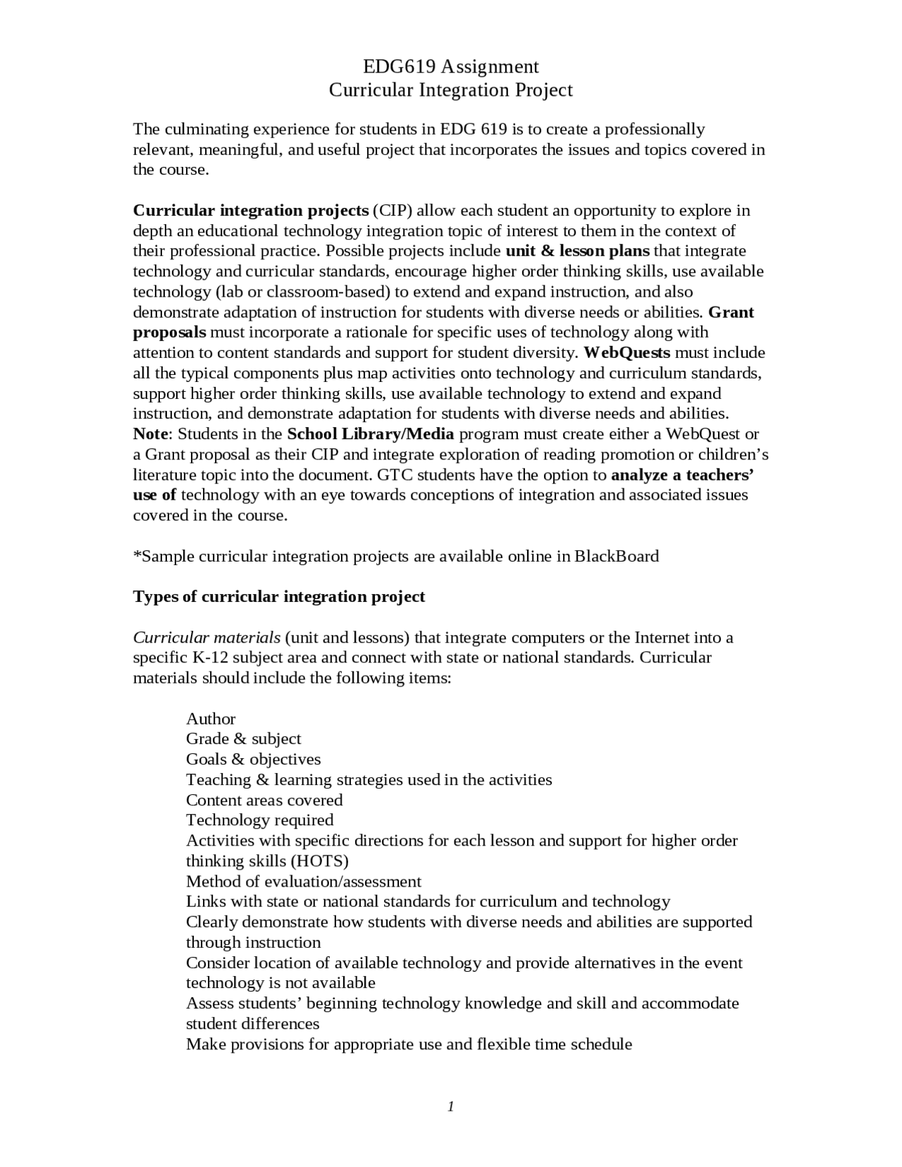 Curricular Integration Of Education Technology Project Edg 619