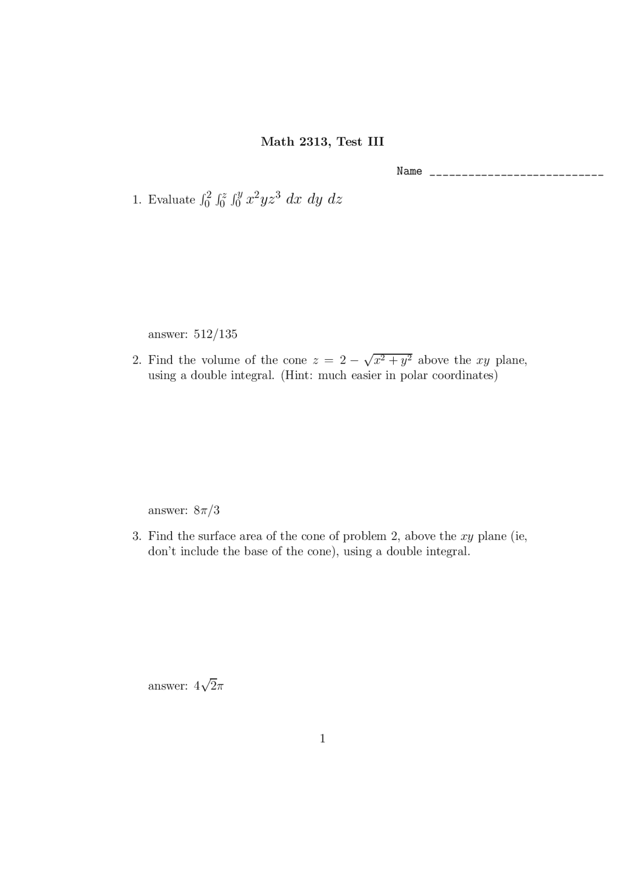 6 Questions With Answer Of Calculus Iii Exam 3 Math 2313 Docsity
