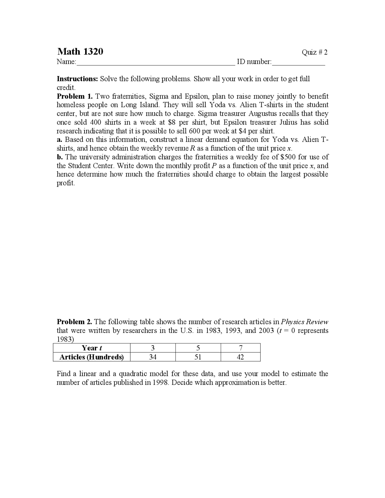 Practice Quiz 2 - Mathematics for Social Sciences I | MATH 1320 - Docsity