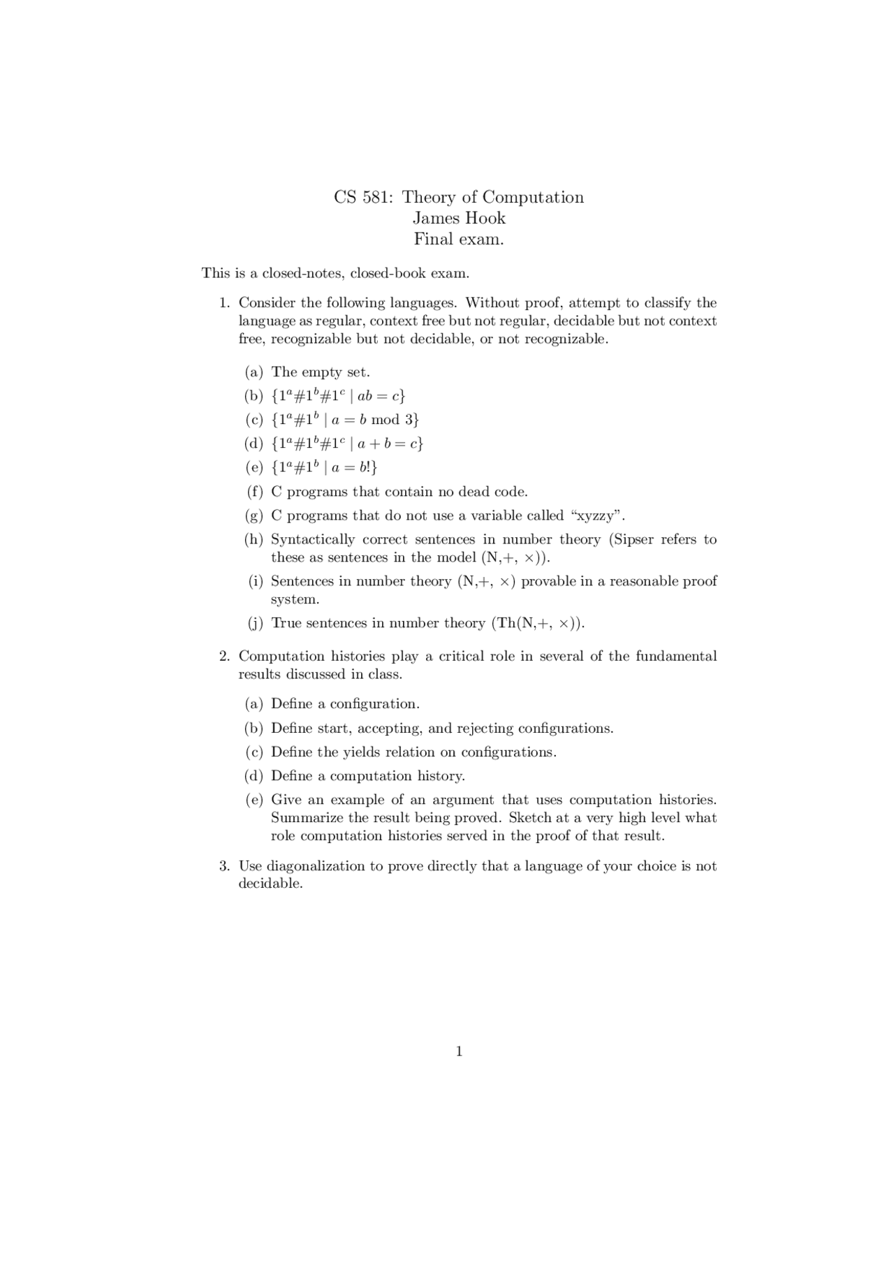 Final Exam Practice Questions Theory Computation Cs 581 Docsity